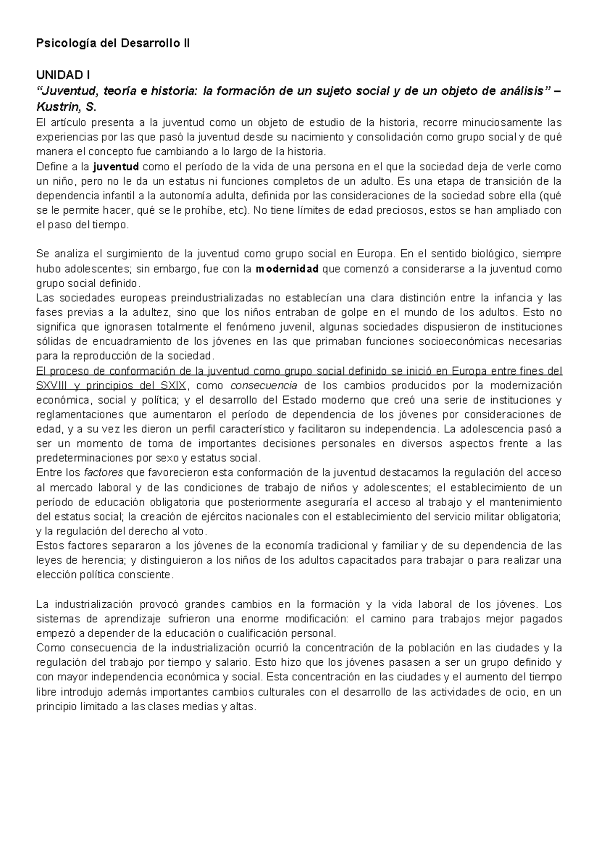 PDD II - resumen - Psicología del Desarrollo II UNIDAD I “Juventud, teoría e historia: la ...