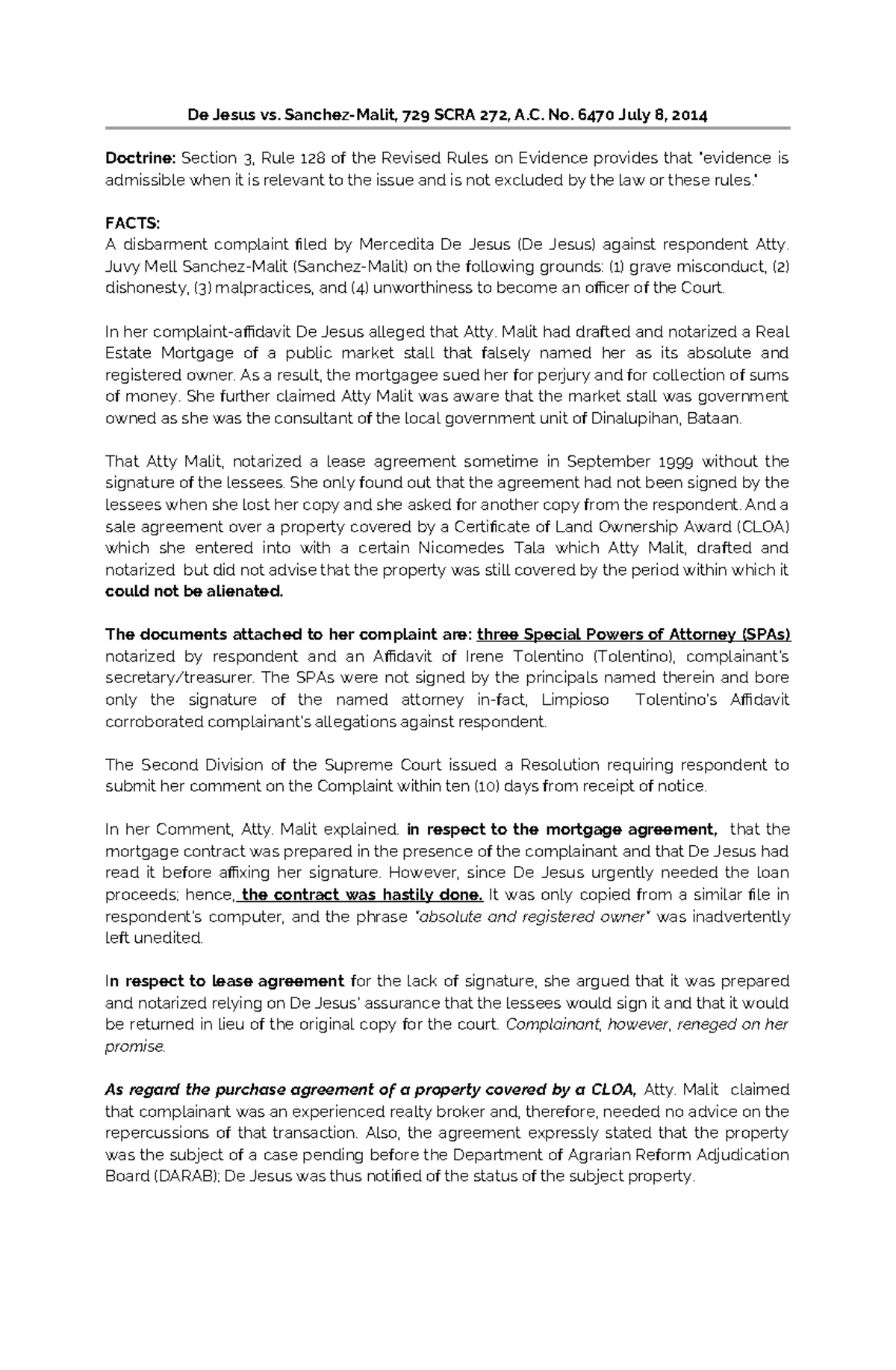 2. De Jesus v. Sanchez-Malit - De Jesus vs. Sanchez-Malit, 729 SCRA 272 ...