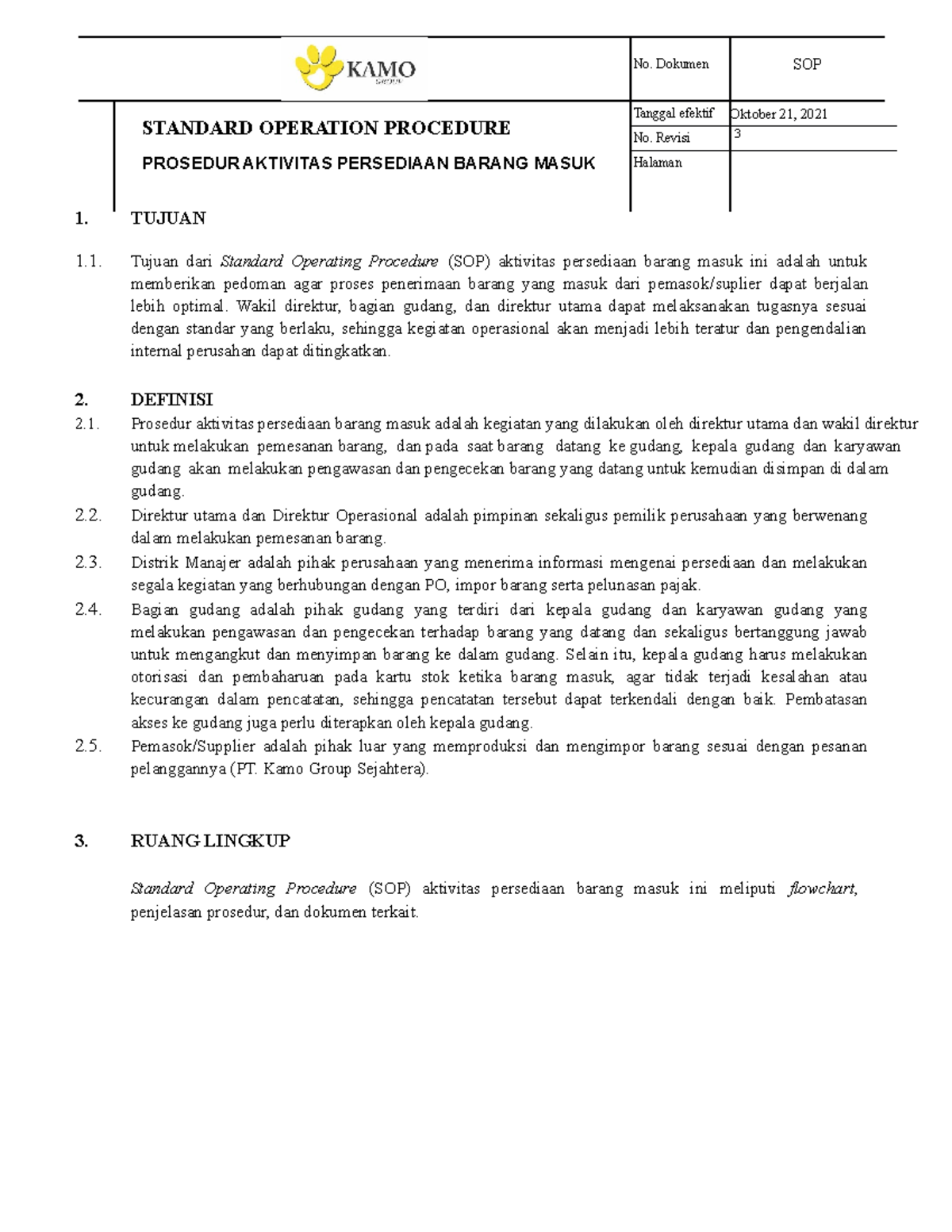 SOP - Gudang - 1. TUJUAN 1. Tujuan dari Standard Operating Procedure ...