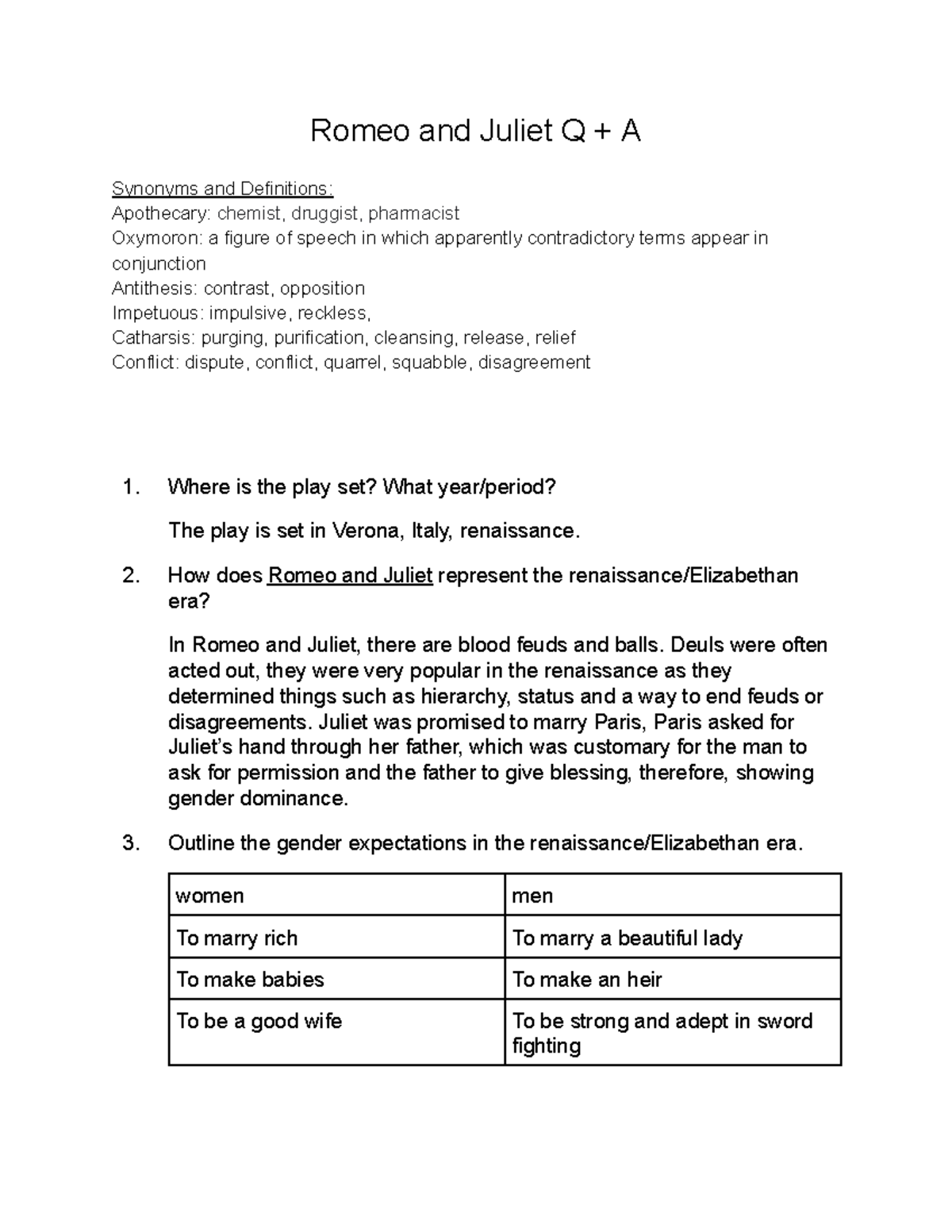 Romeo and Juliet Q + A - practice material - Romeo and Juliet Q + A ...