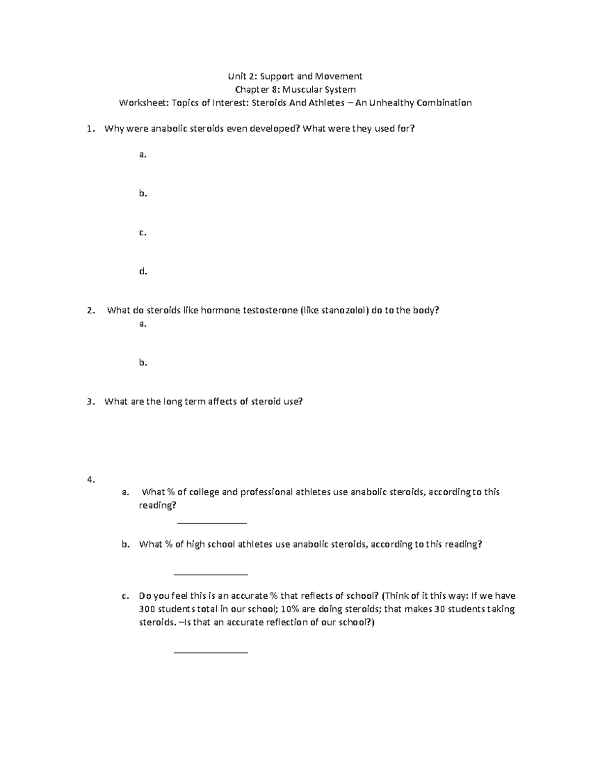 016100546 - student - Unit 2: Support and Movement Worksheet: Topics of ...
