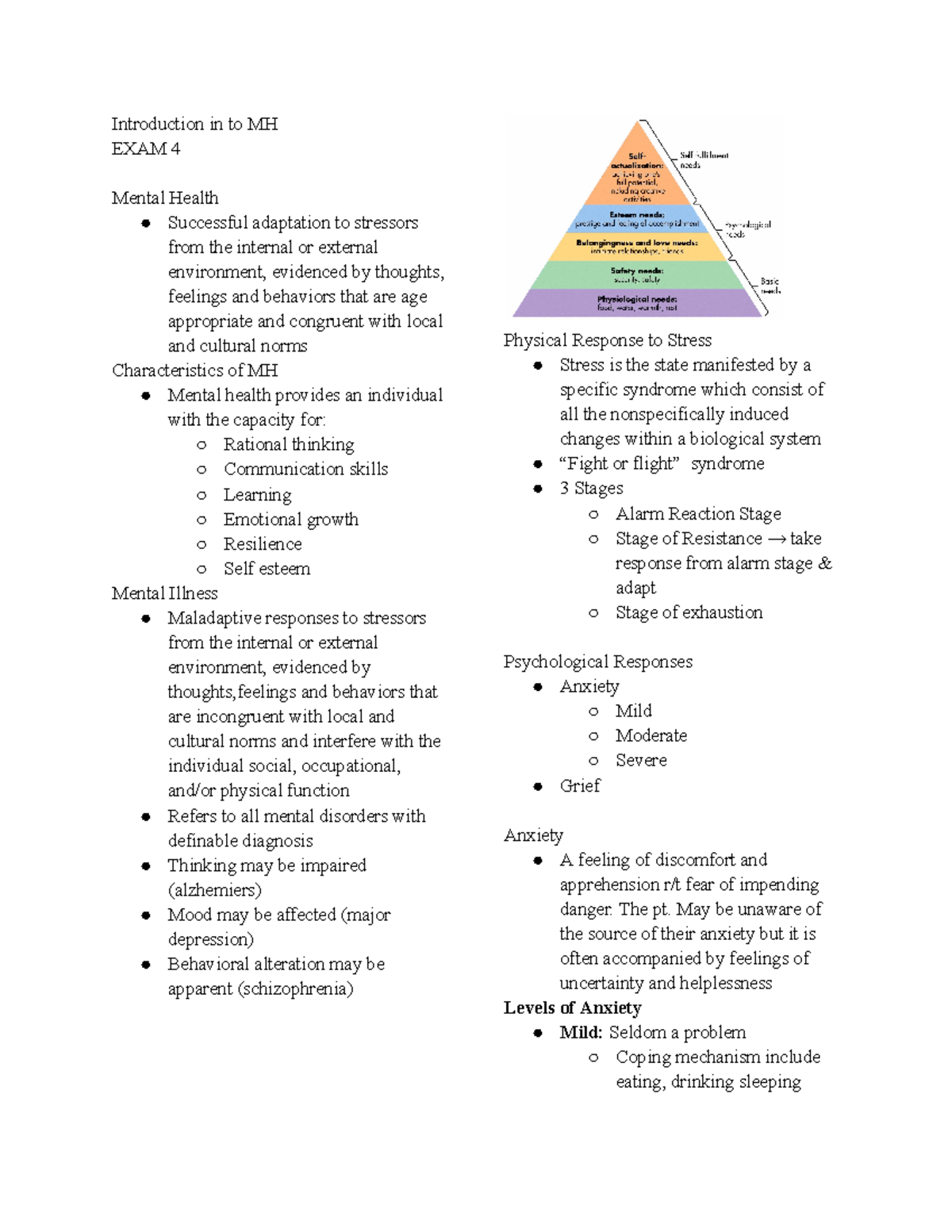 MH exam 6 - Mental health - Introduction in to MH EXAM 4 Mental Health ...