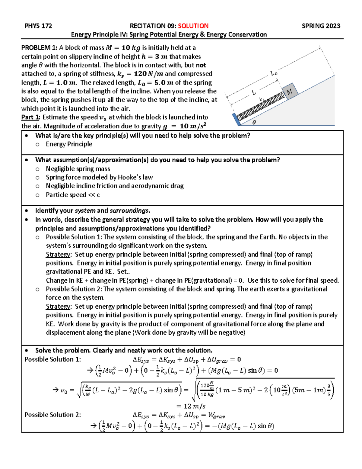Phys172 rec09 solution - PHYS 172 RECITATION 09: SOLUTION Energy ...