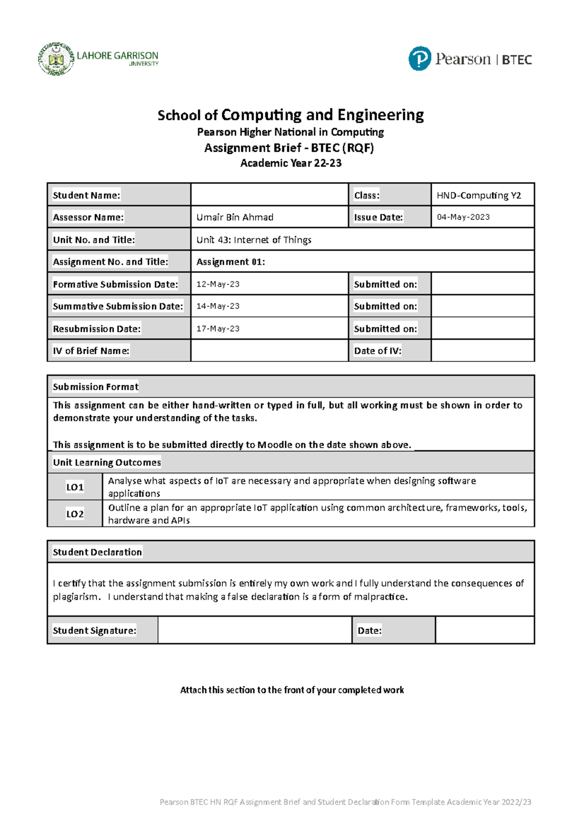 Unit 43 Iot Assignment 01 School Of Computing And Engineering Pearson Higher National In