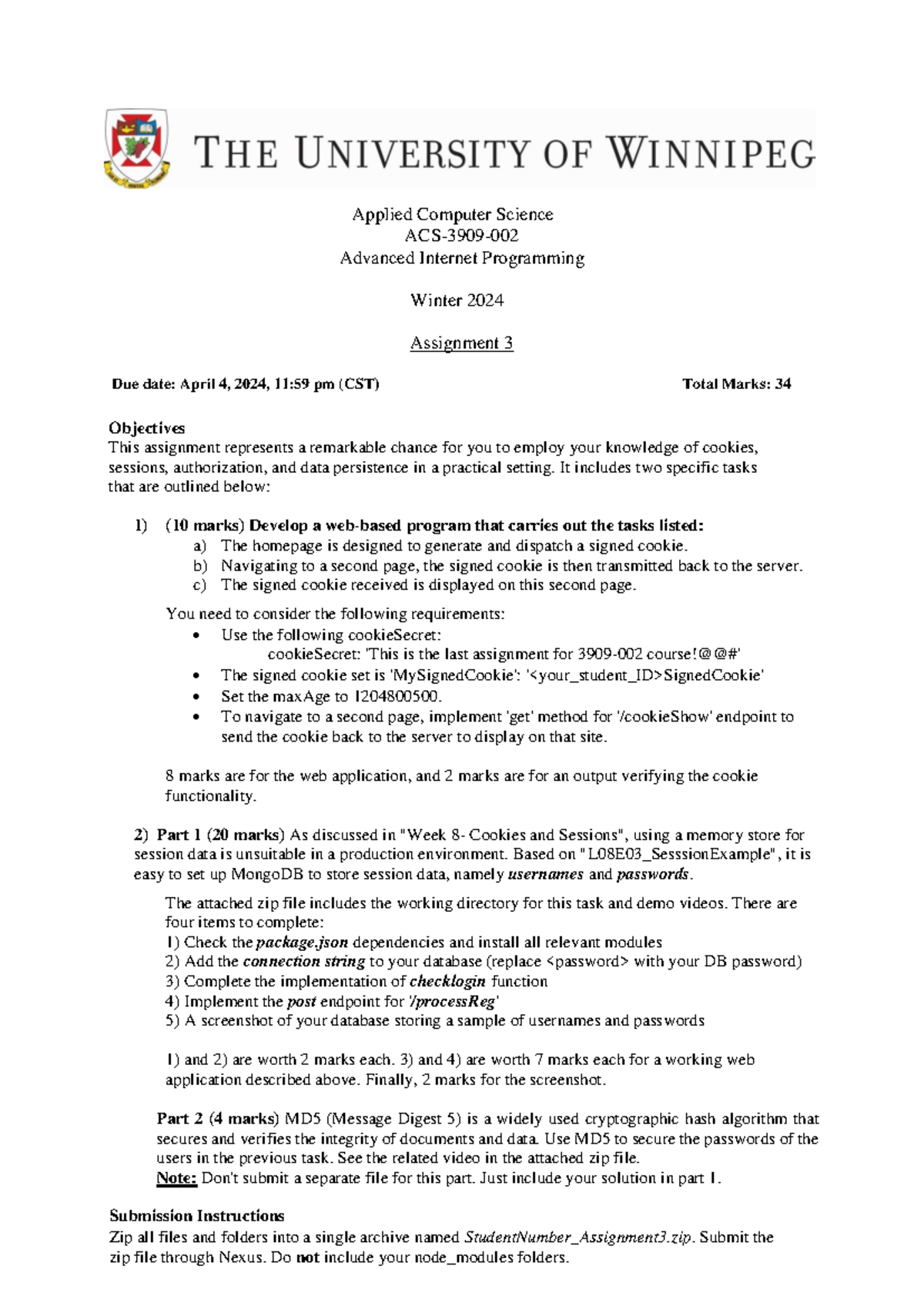 Assignment 3 2 Applied Computer Science Acs 3909 002 Advanced Internet Programming Winter