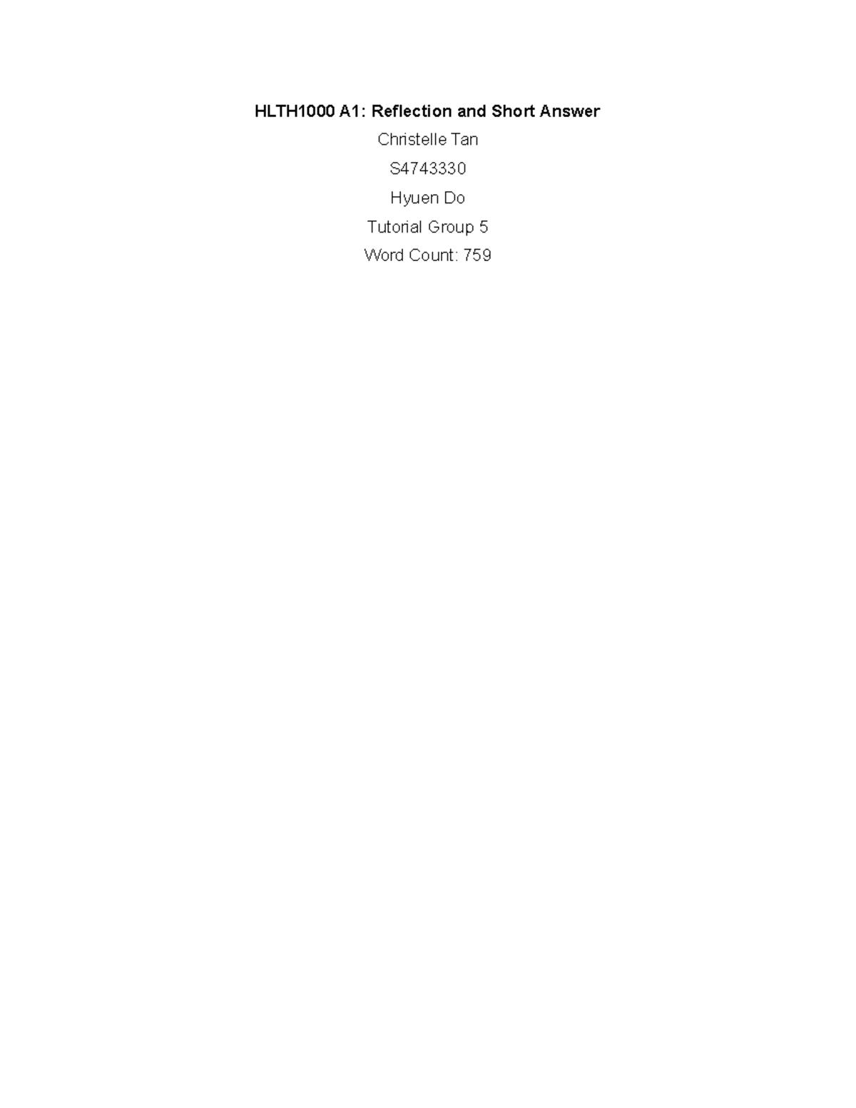 Hlth1000 A1 Reflection And Short Answer Hlth1000 A1 Reflection And