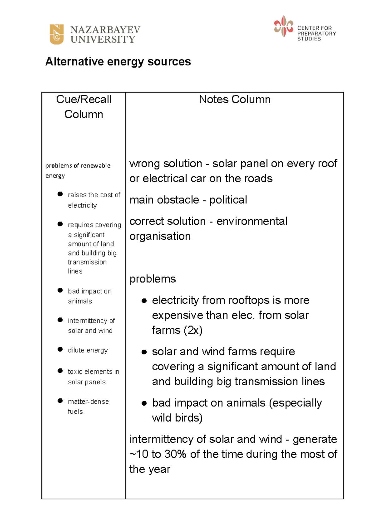 Alternative Energy Sources - Alternative energy sources Cue/Recall ...