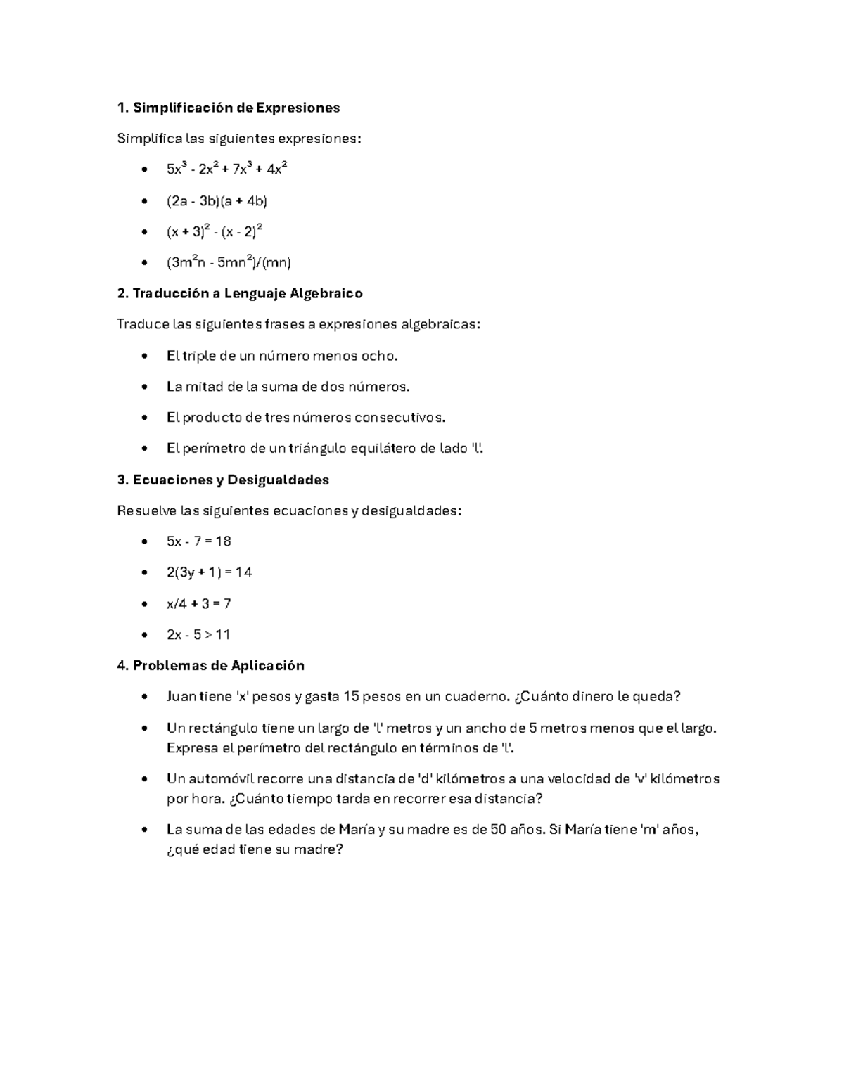 Ejercicios algebra - 1. Simplificación de Expresiones Simplifica las ...