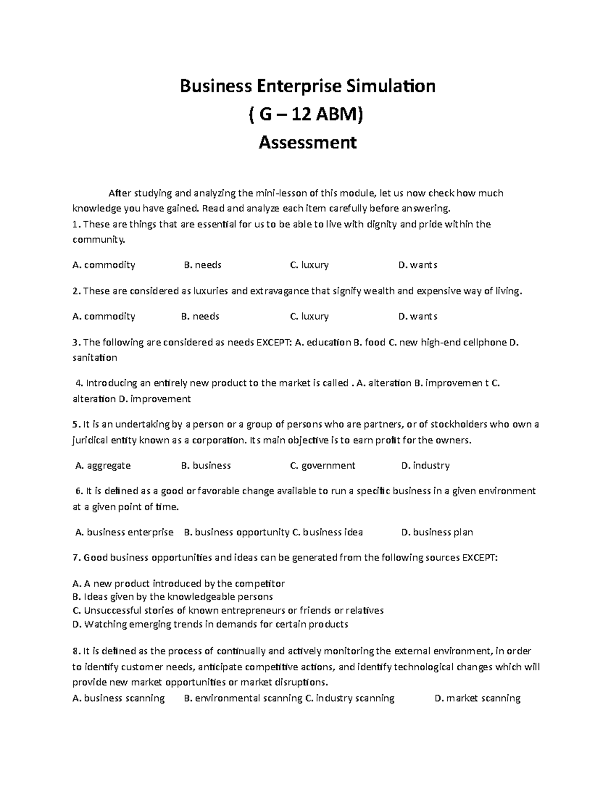 Assessment - assessmeny t - Business Enterprise Simulation ( G – 12 ABM ...