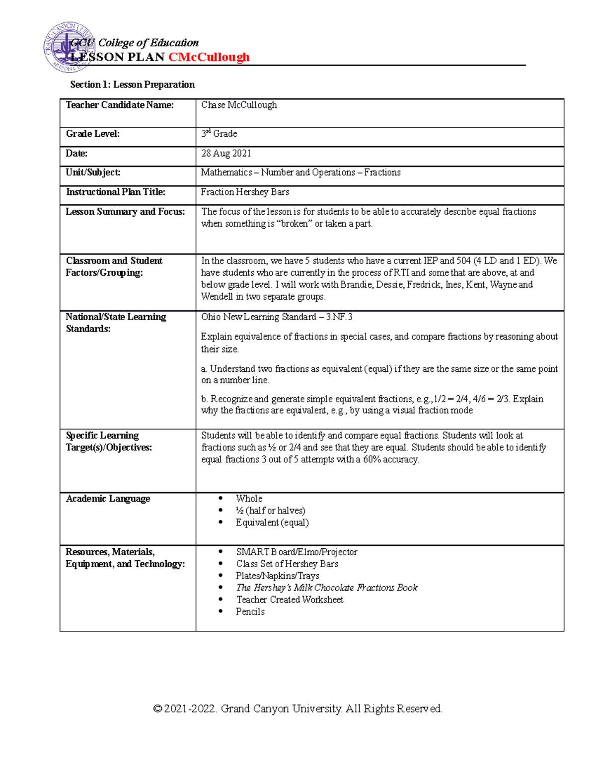 Grand Canyon University (SPD 470) Lesson Plan 3 - GCU College of ...