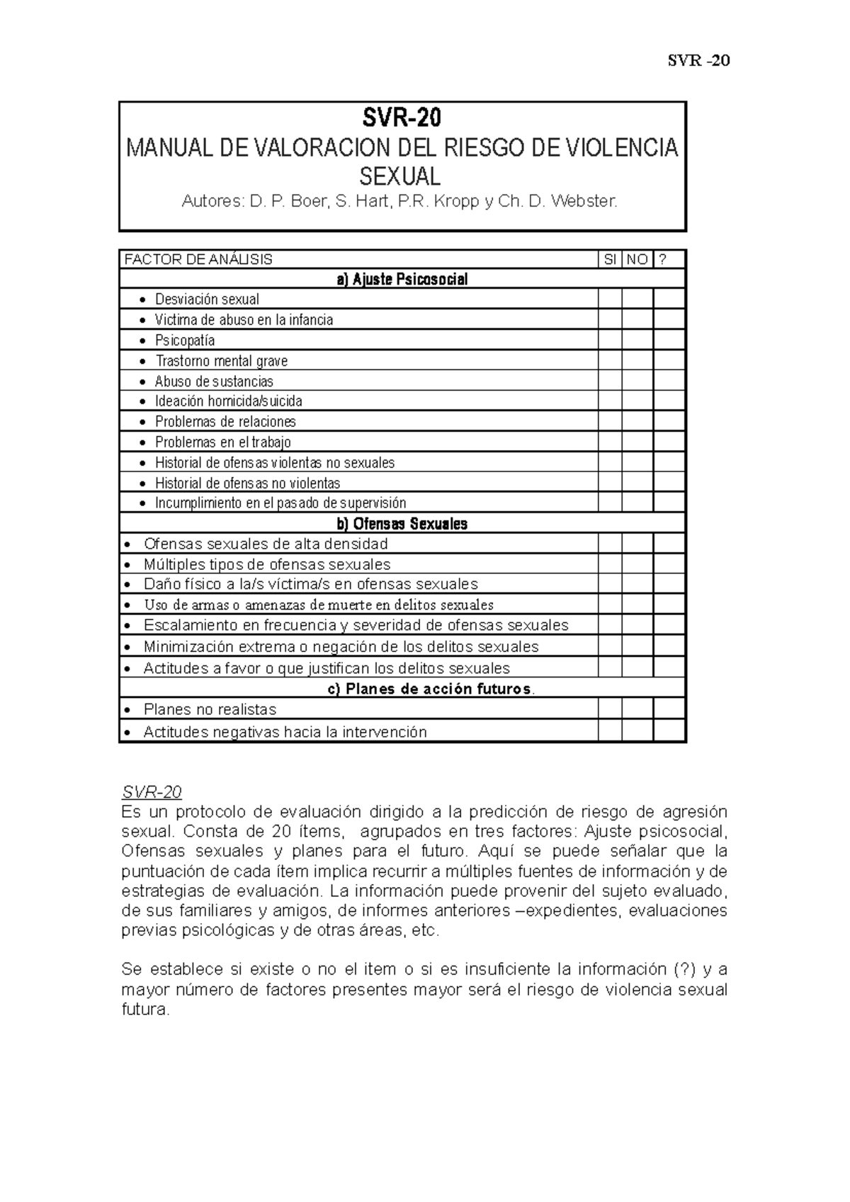 BOER 1997 SVR-20 - BOER 1997 SVR-20 - SVR - SVR- MANUAL DE VALORACION DEL RIESGO DE VIOLENCIA ...