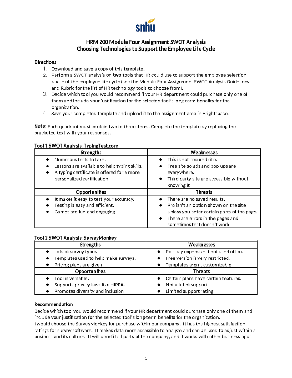 HRM 200 Module Four Assignment SWOT Analysis - HRM 200 Module Four ...