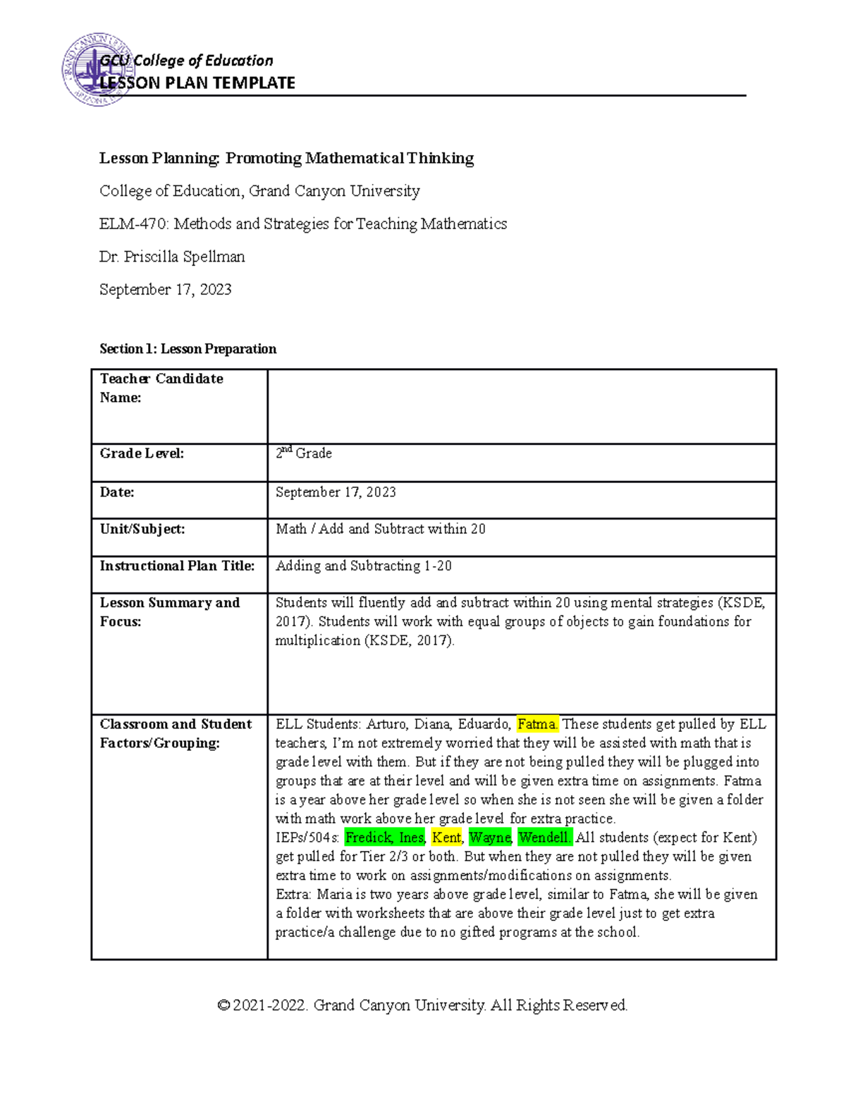 Lesson Planning- Promoting Mathematical Thinking - LESSON PLAN TEMPLATE ...