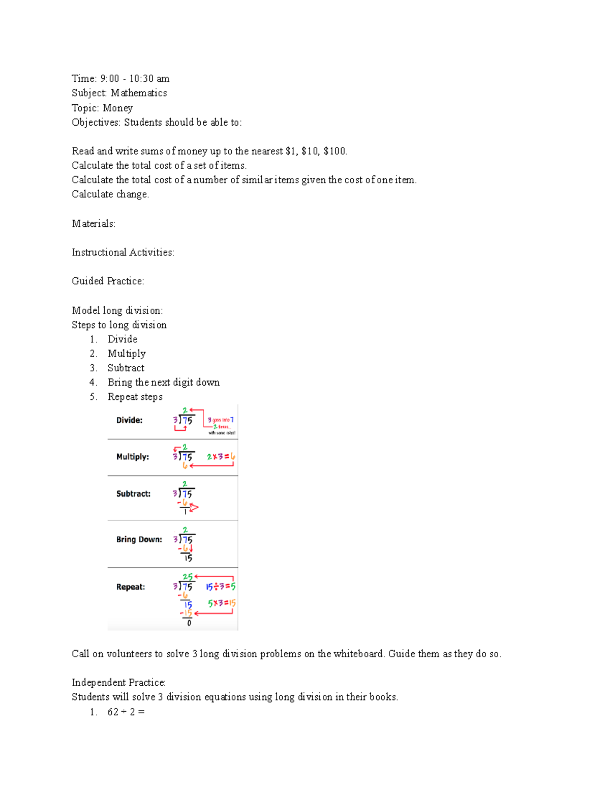 Math Lesson 06 - Notes and coursework - Time: 9:00 - 10:30 am Subject ...