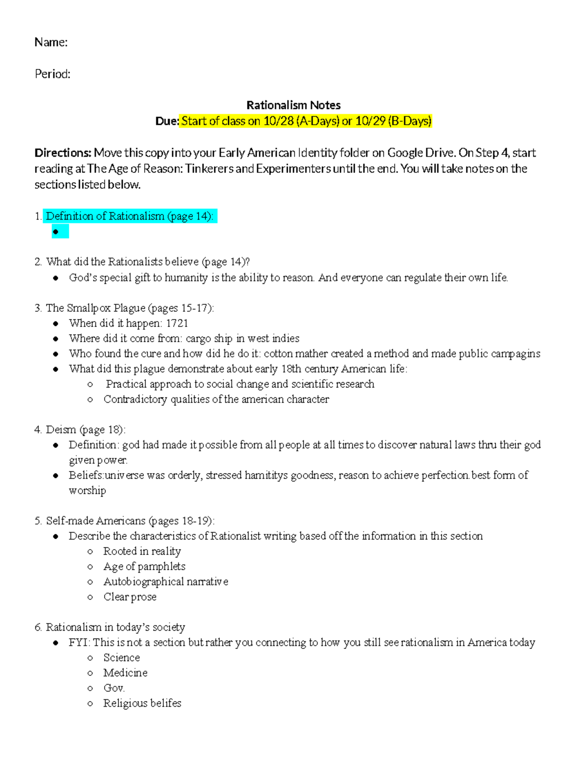 Rationalism Notes - Name: Period: Rationalism Notes Due: Start of class ...