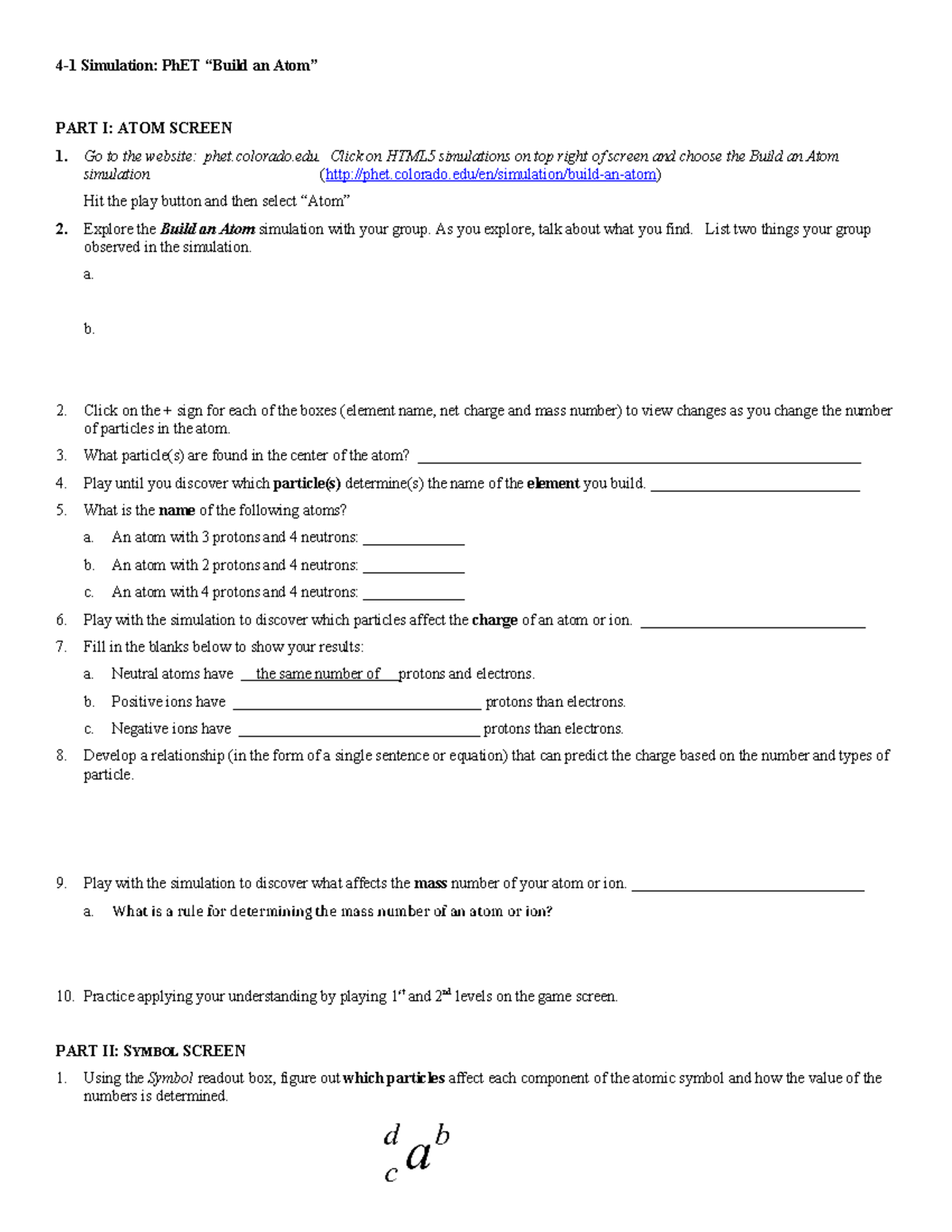 4-1 Simulation Ph ET Build an atom - 4-1 Simulation: PhET “Build an Atom” PART I: ATOM SCREEN Go ...