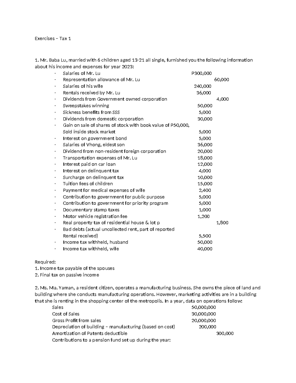 Sample-Problem-ITP - Hii - Exercises – Tax 1 Mr. Baba Lu, married with ...