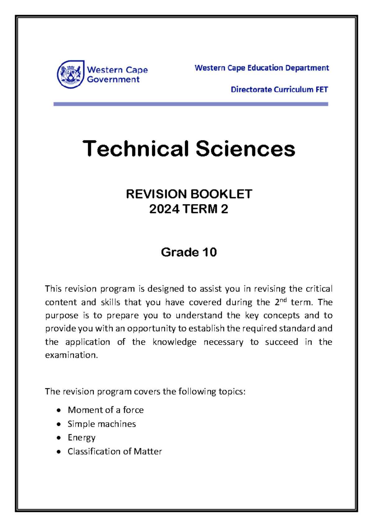 Technical Sciences Grade 10 Revision material Term 2 2024 - Technical ...