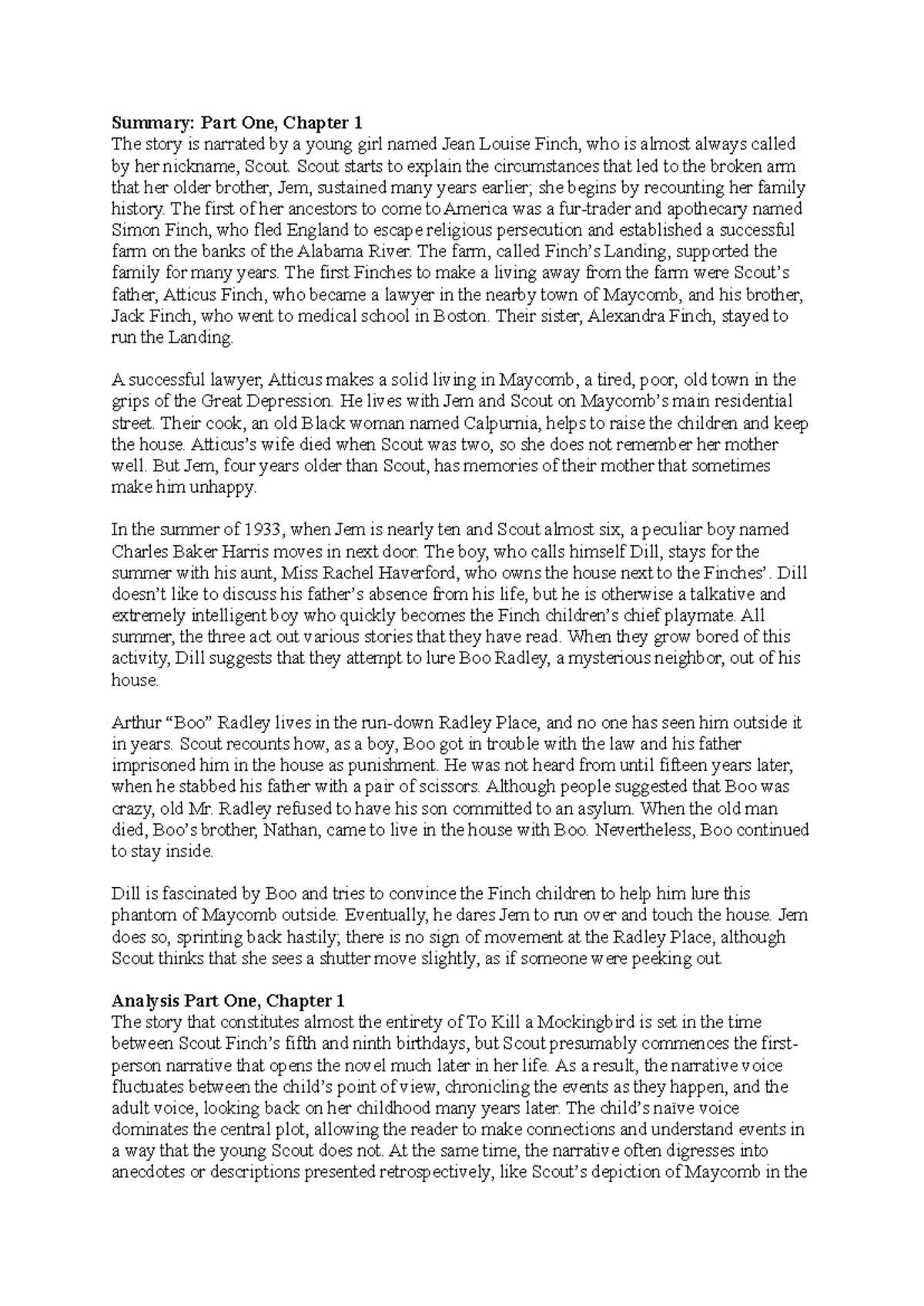 To Kill a Mockingbird - samenvatting - Summary: Part One, Chapter 1 The ...