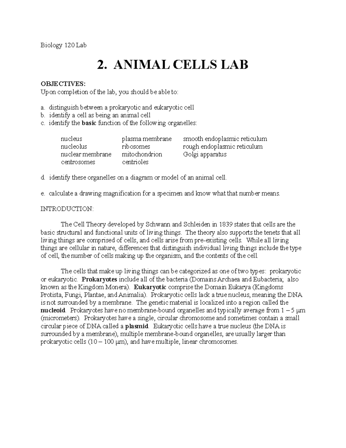 2. Animal Cells LAB handout - Biology 120 Lab 2. ANIMAL CELLS LAB ...