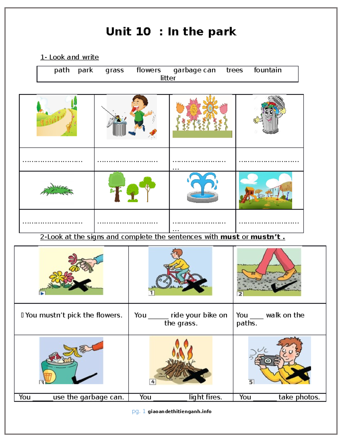 UNIT 10 - in THE PARK - 1- Look and write path park grass flowers ...