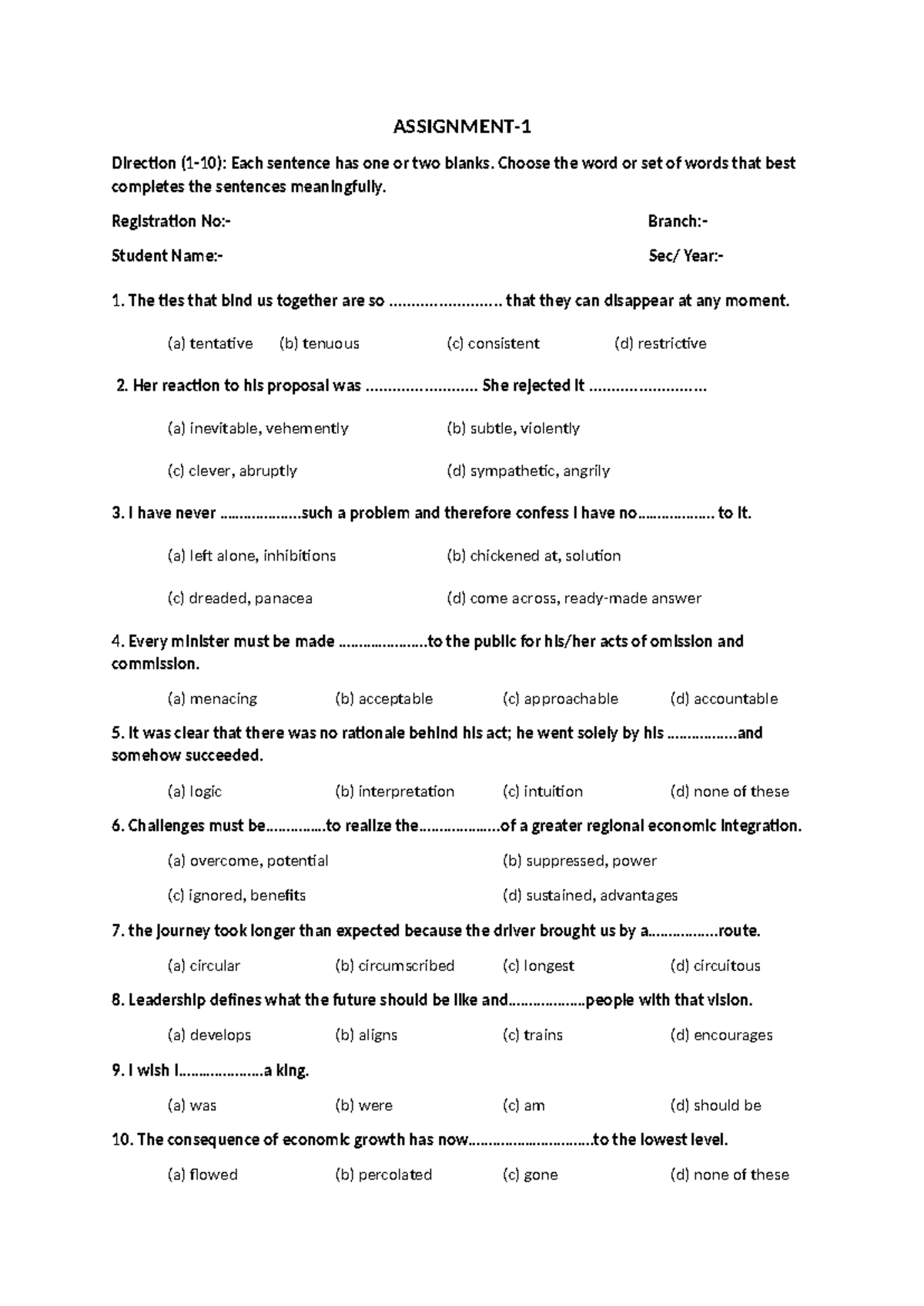 Assignment-1 - very IMPORTANT for exam - ASSIGNMENT- Direction (1-10): Each sentence has one or ...