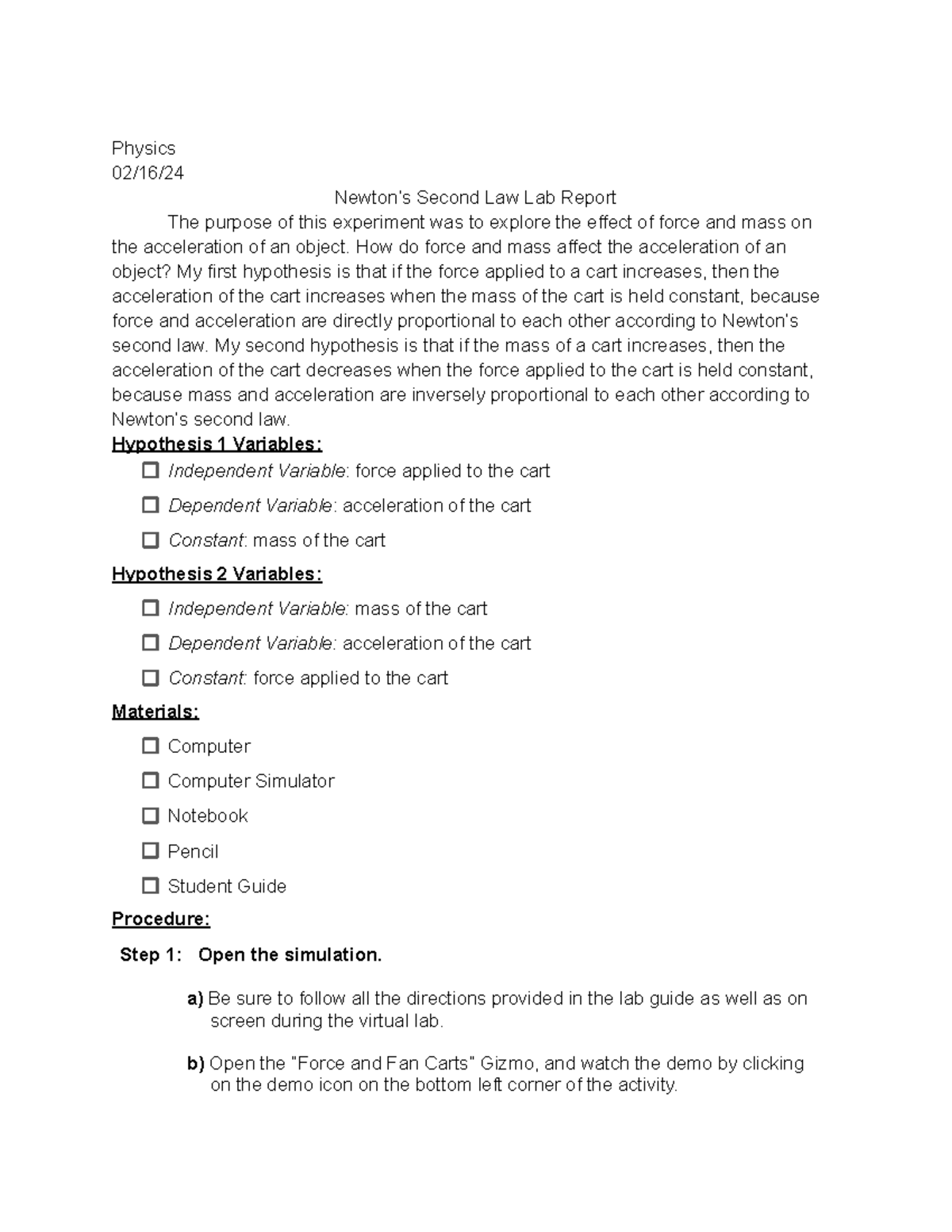 Newton's Second Law Lab Report - Physics 02/16/ Newton’s Second Law Lab ...