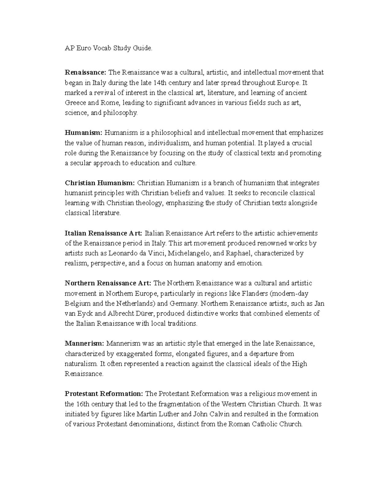 AP Euro Vocab Study Guide - Renaissance: The Renaissance was a cultural ...