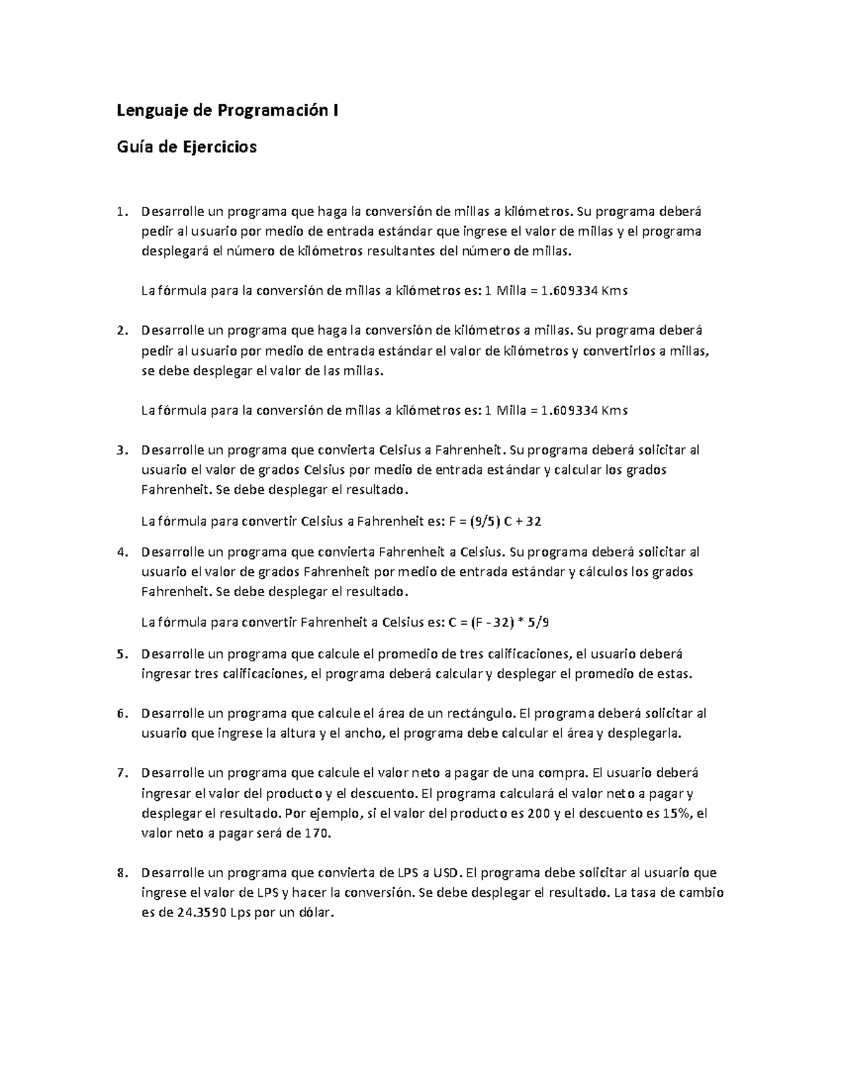 Lenguaje de Programación I - Guía de Ejercicios 1 - Lenguaje de Programación I Guía de ...