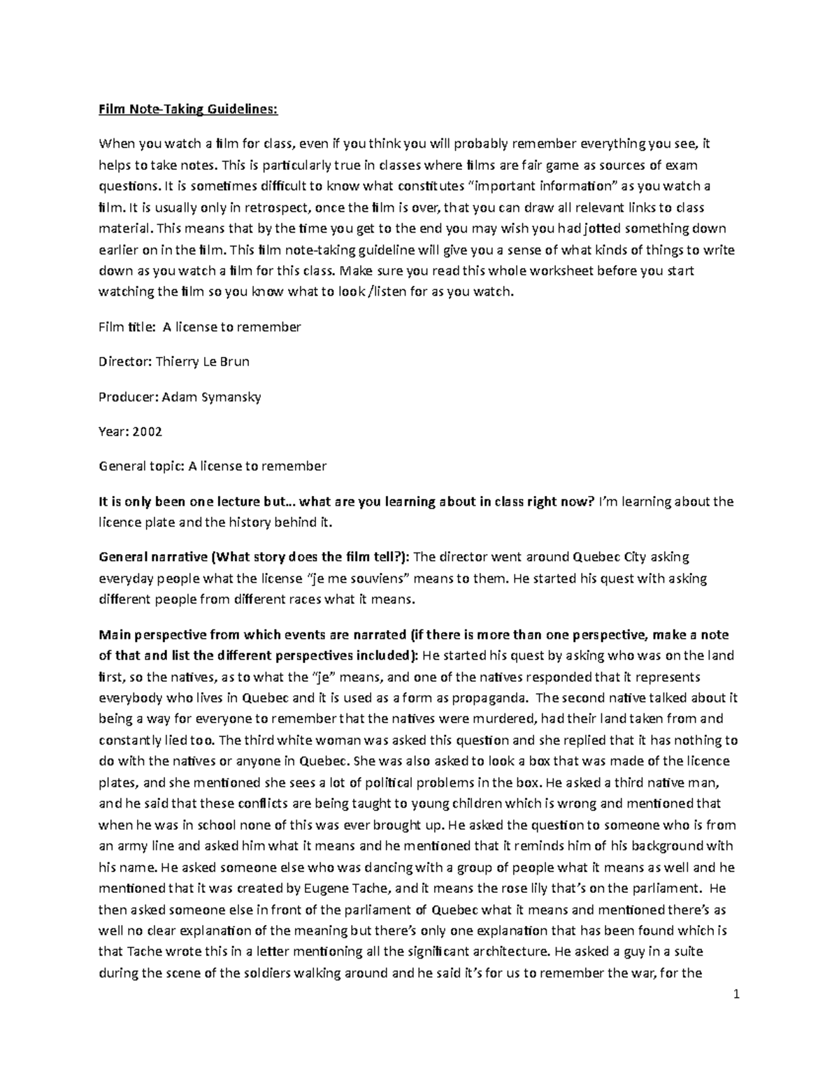 Film note-taking "A License to Remember" - Film Note-Taking Guidelines ...