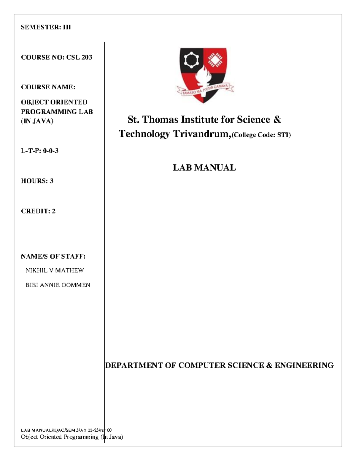 Csl 203 Oops Lab Manual 1 Lab Manual Iqac Sem 3 Ay 22 23 Rev 00 Object Oriented Programming