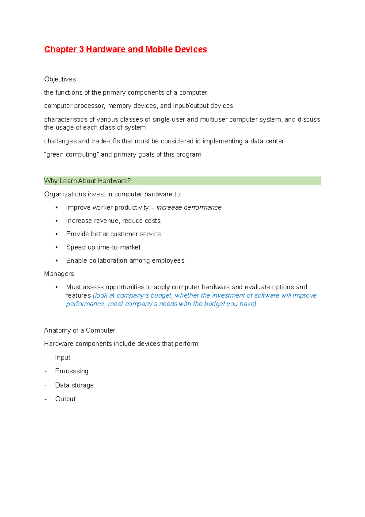 Chapter 3 Hardware and Mobile Devices - Management Information Systems ...