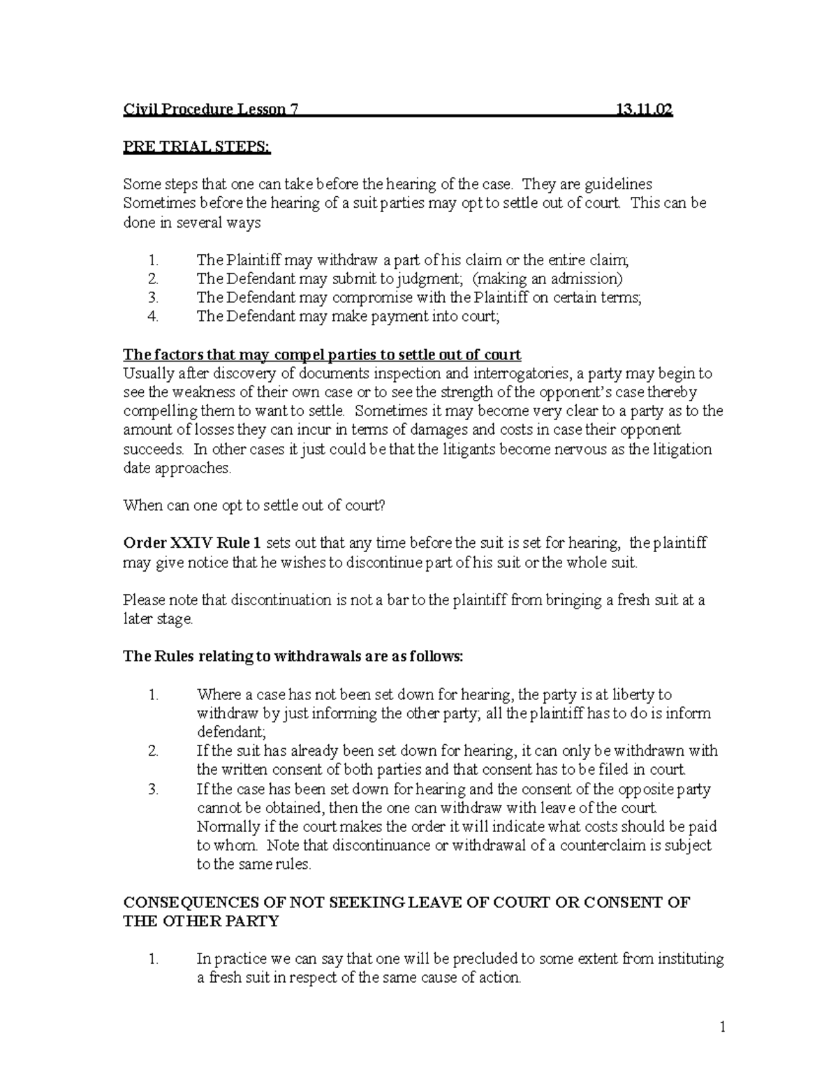 Pre trial steps - Civil Procedure Lesson 7 13. PRE TRIAL STEPS: Some ...