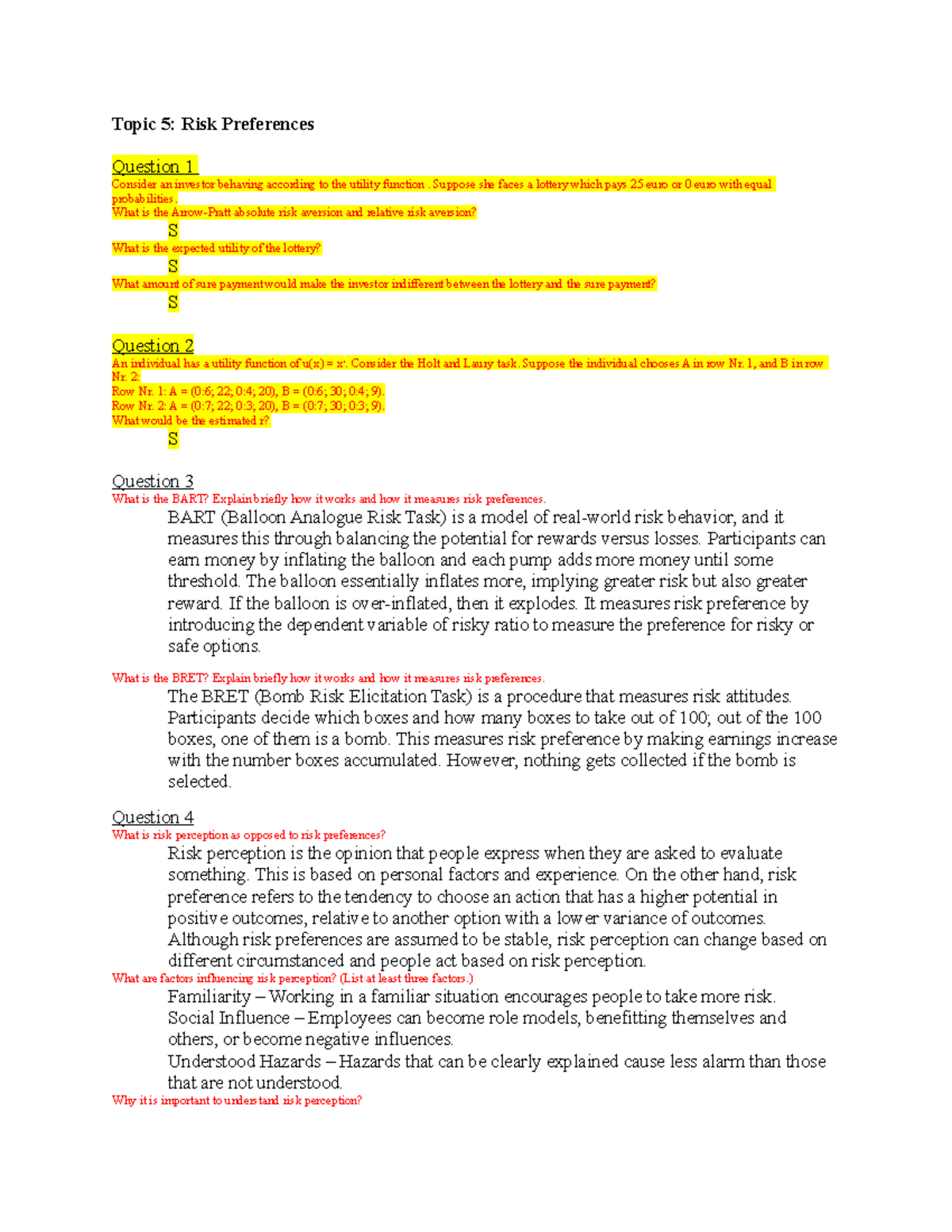 Topic 5 - Risk Preferences - Topic 5: Risk Preferences Question 1 ...