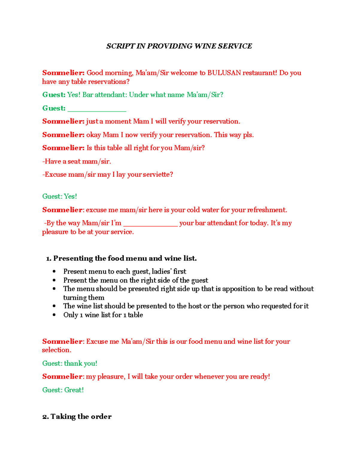 Propiving WINE Service Script - SCRIPT IN PROVIDING WINE SERVICE ...