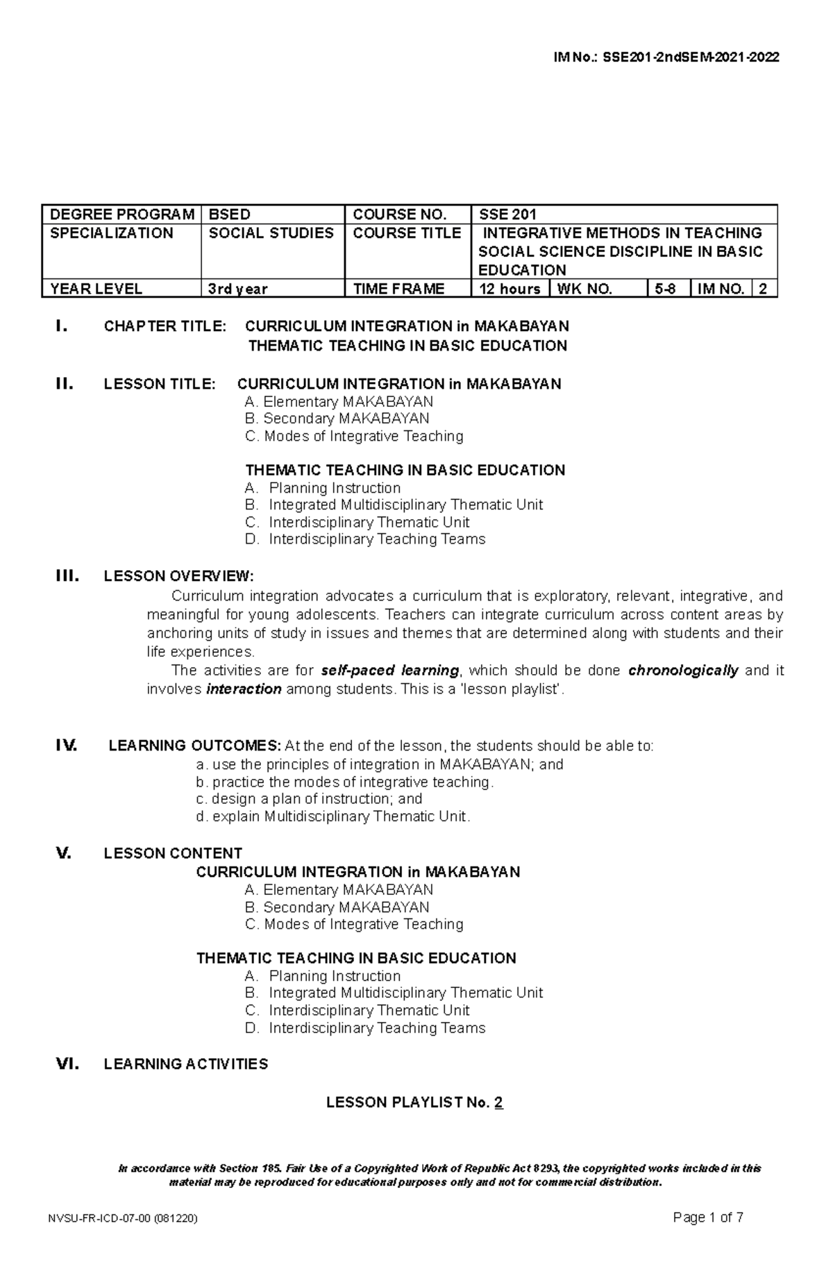 IM- Playlist 2- Integrative- Modes - DEGREE PROGRAM BSED COURSE NO. SSE ...