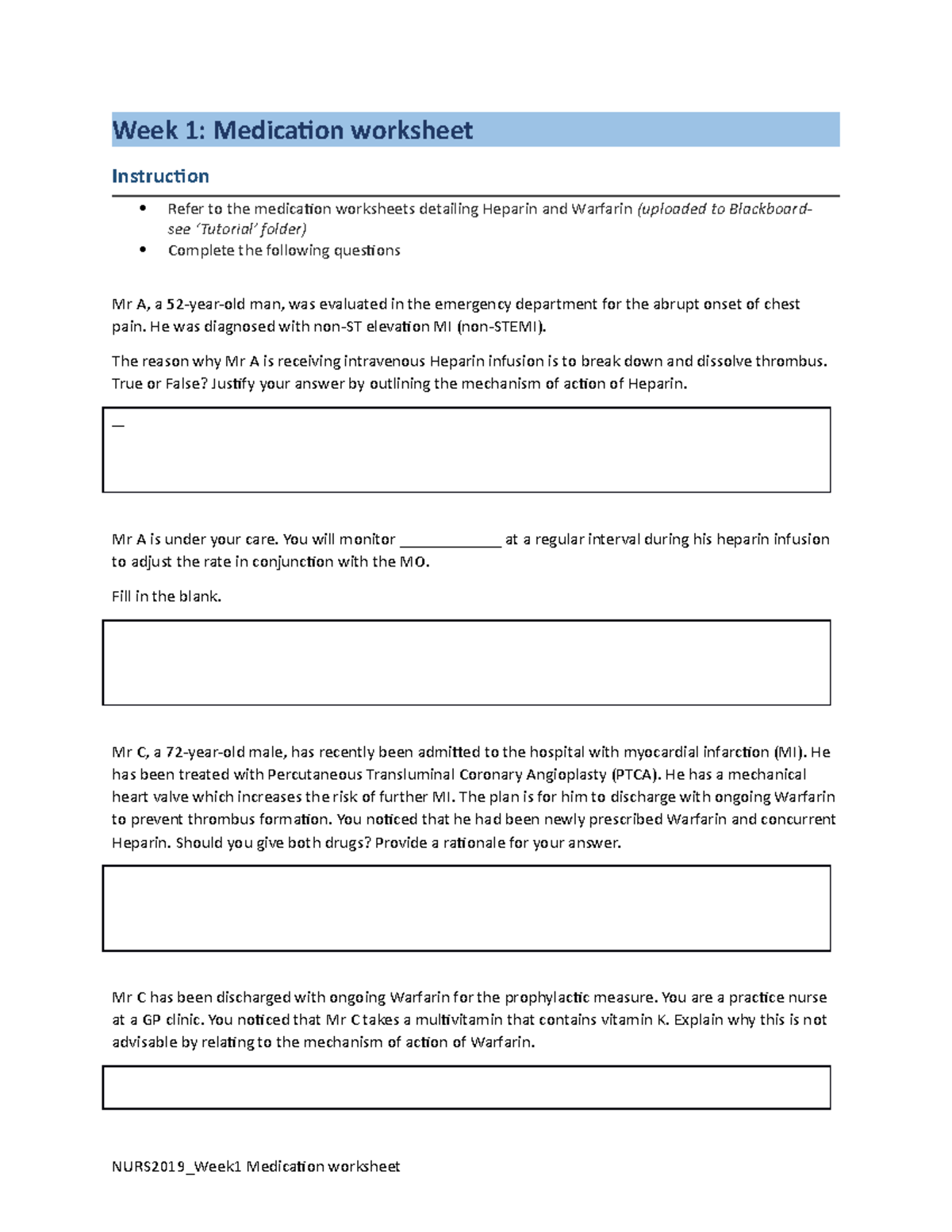 Week 1. Medication Worksheet Cardiovascular Part1 S1 2023 STD ver3 ...