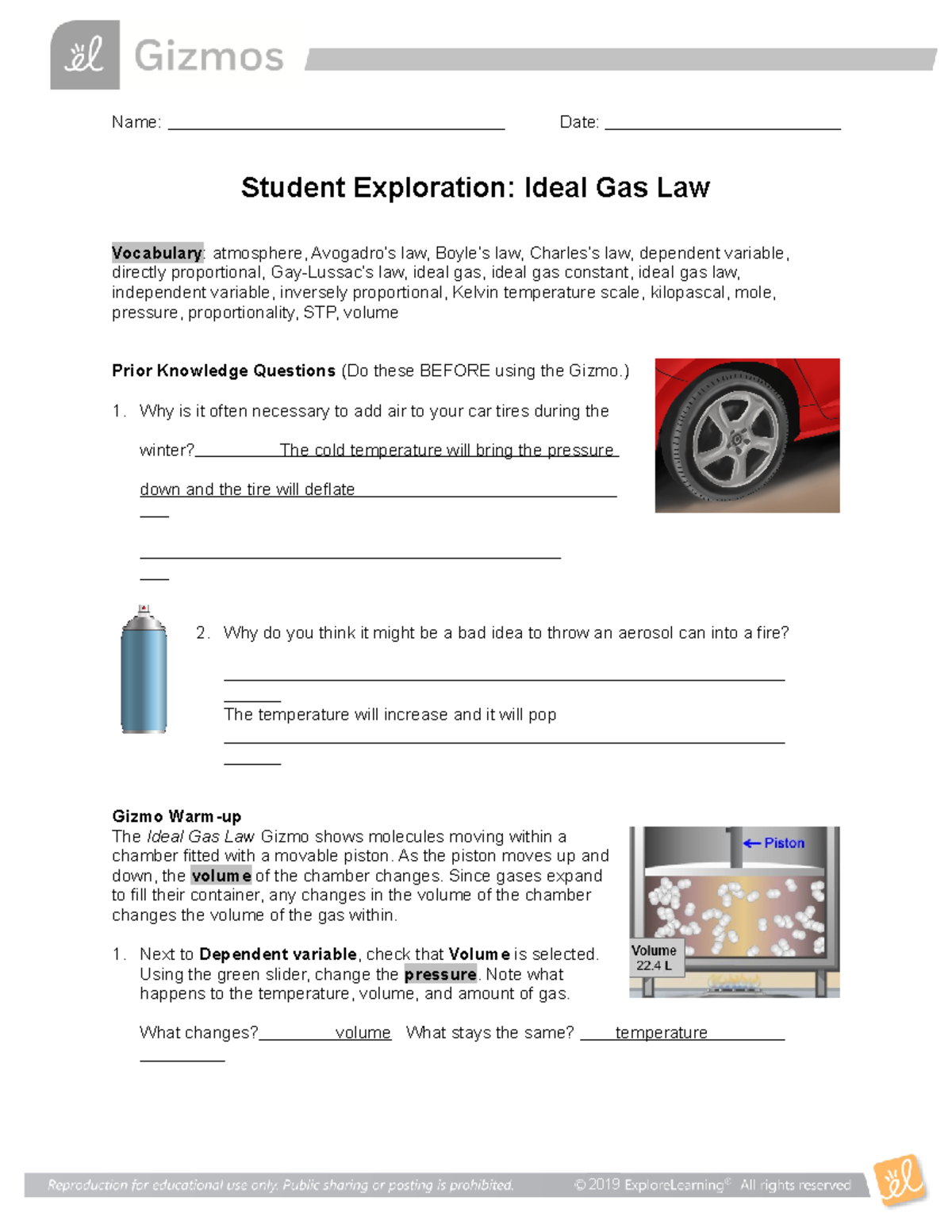 Ideal Gas Law SE-1 - Name: Date: Student Exploration: Ideal Gas Law ...