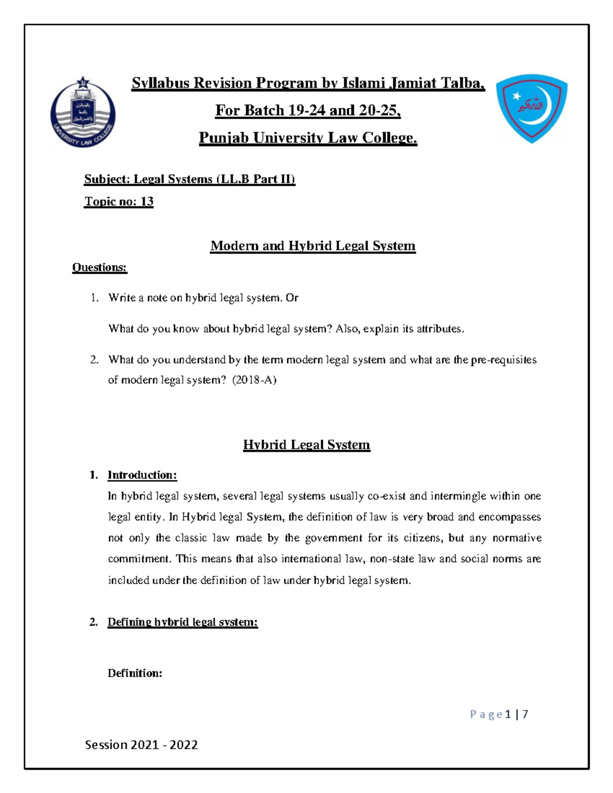 M&h Leg Sys;Leg Sys;LL - modern and hybrid legal sytem notes - P a g e ...