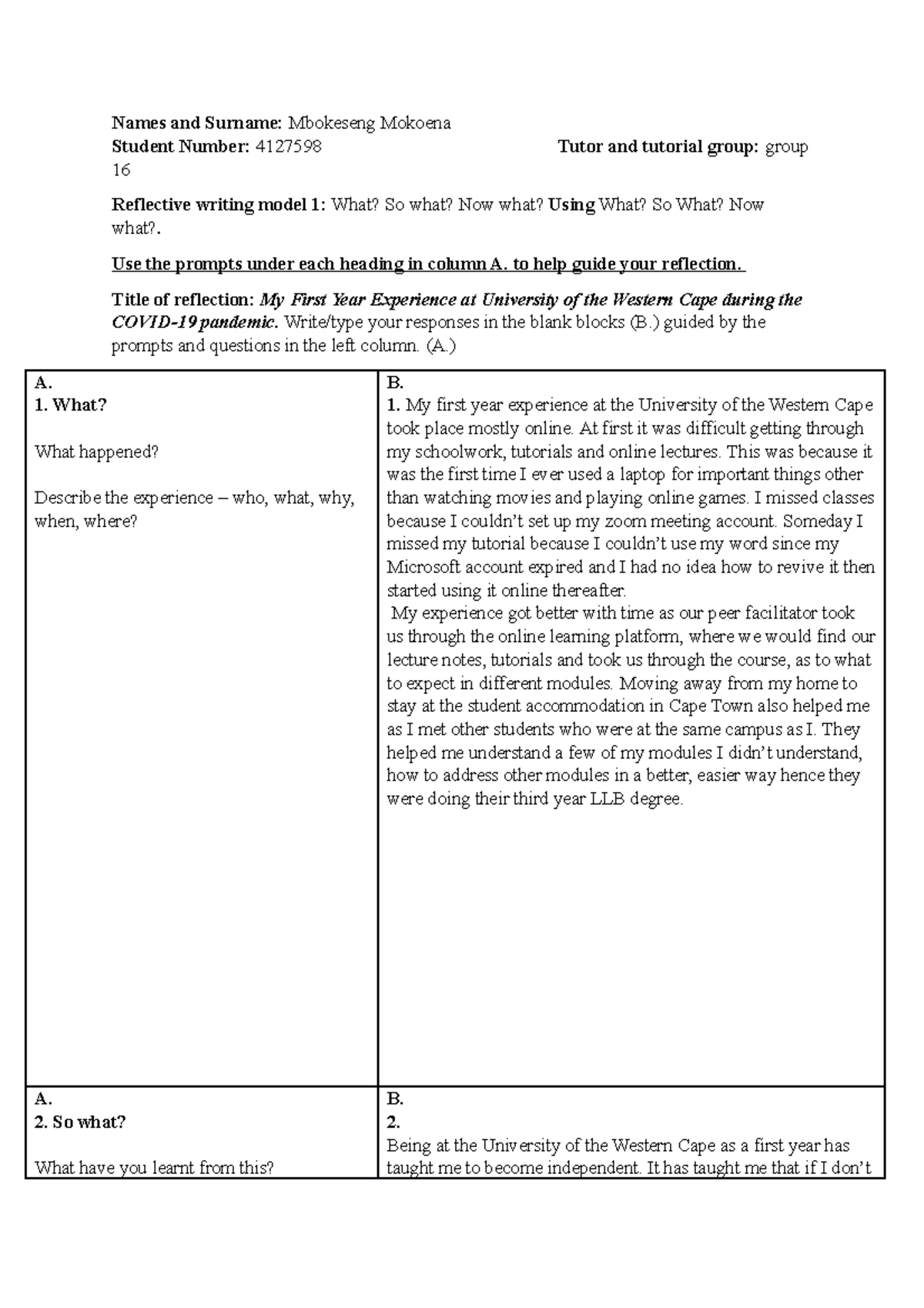 Reflective writing Tasks 1 and 2 - Names and Surname: Mbokeseng Mokoena ...
