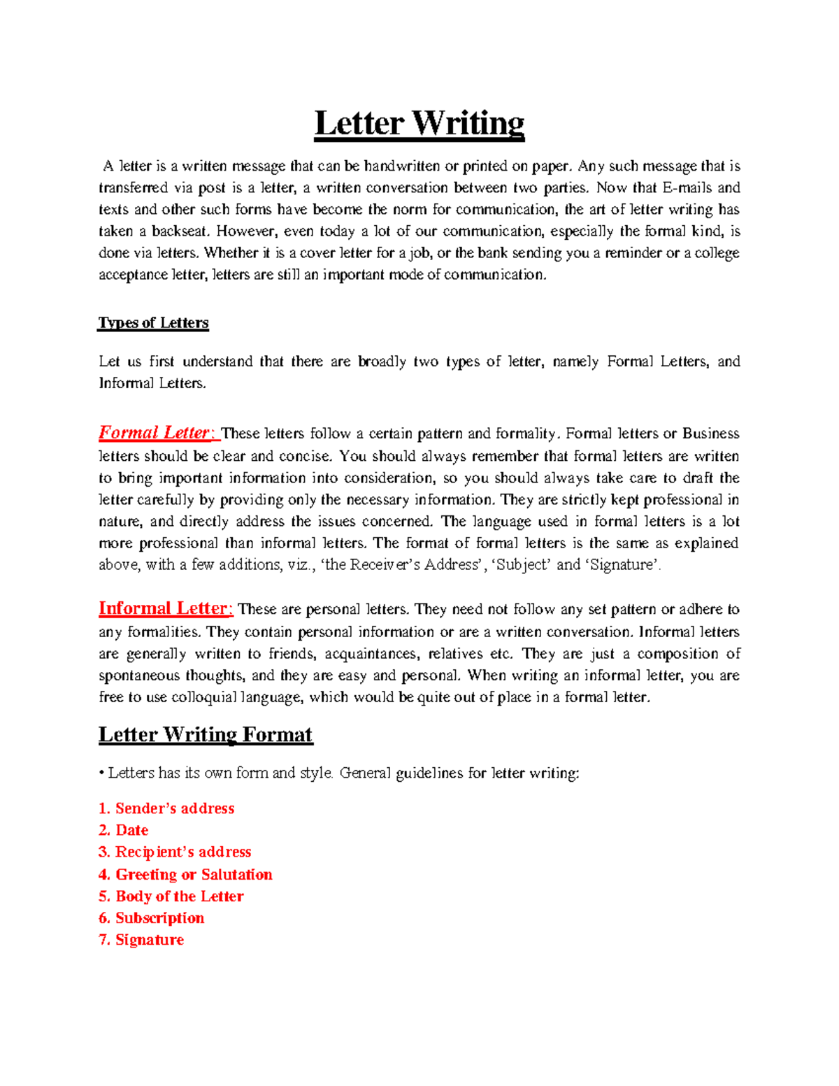 Letter Writing - Any such message that is transferred via post is a ...