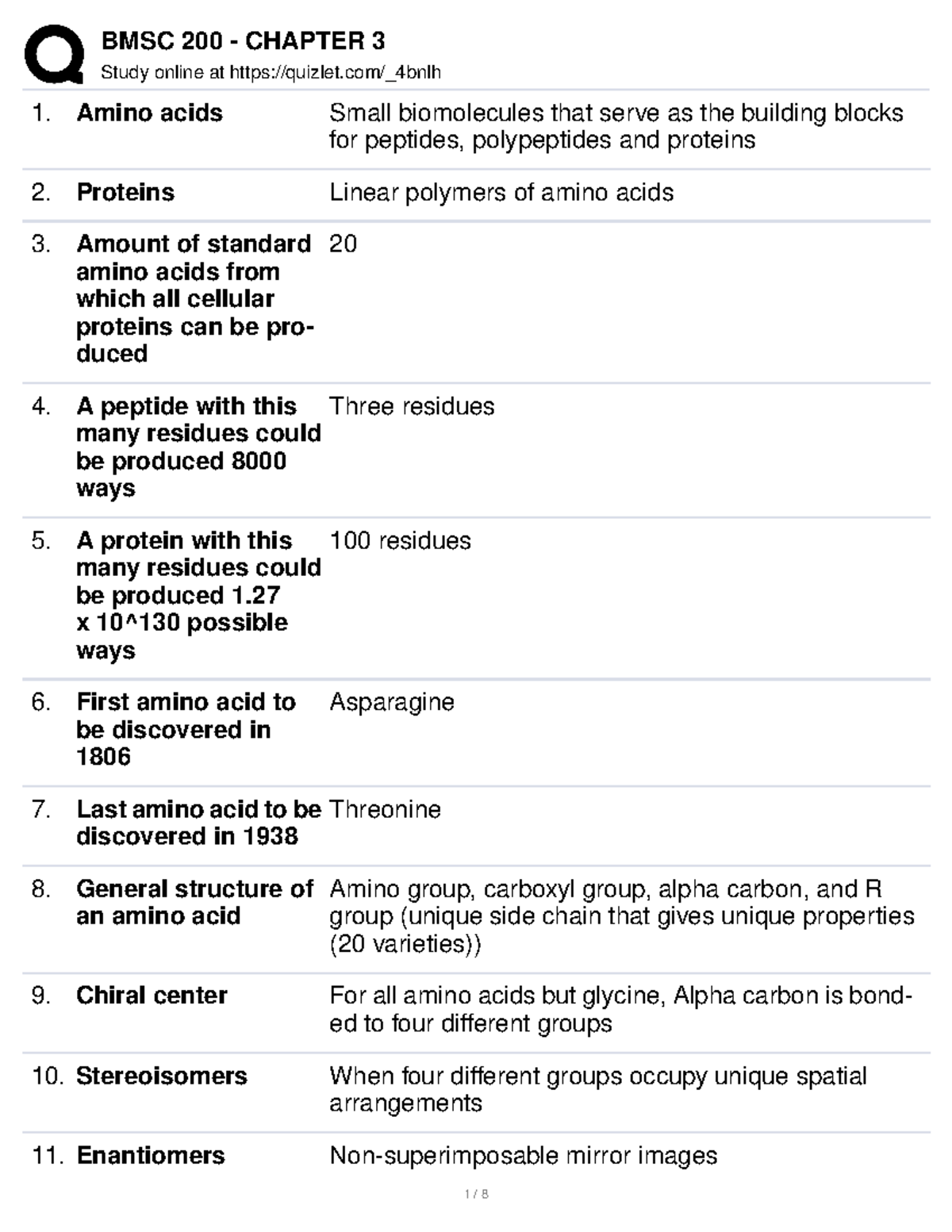 Bmsc 200 chapter 3 flashcards - Study online at quizlet/_4bnlh Amino ...