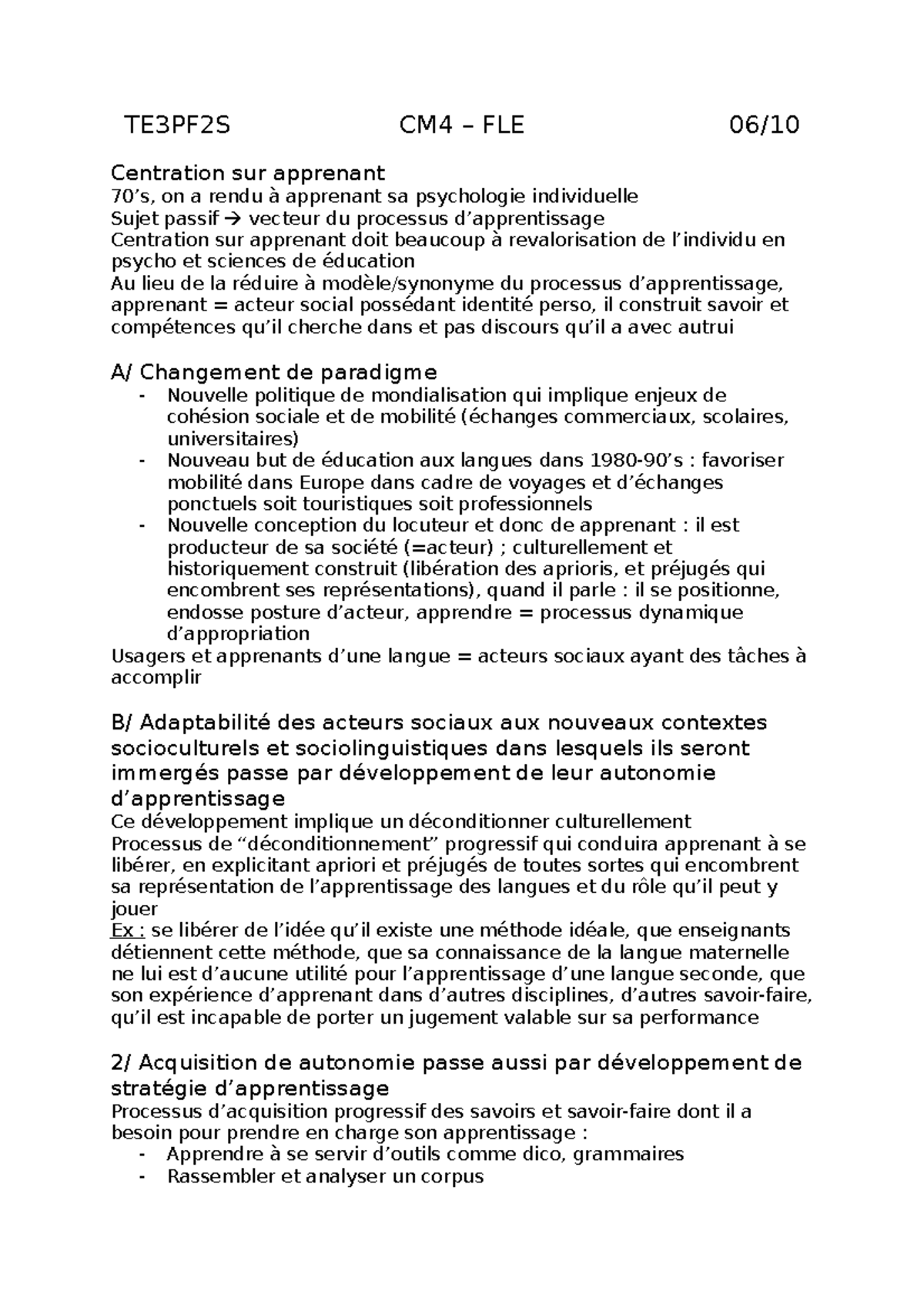 CM4 Didactique du FLE - TE3PF2S CM4 – FLE 06/ Centration sur apprenant ...