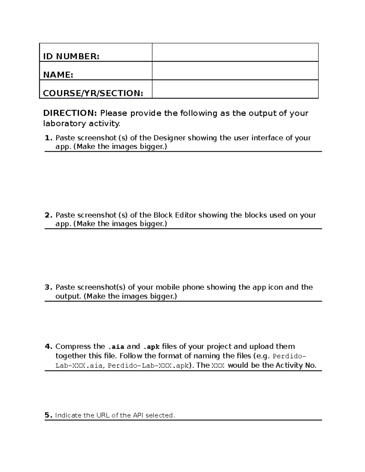 Lab Activity 1 Output PART 3 - ID NUMBER: NAME: COURSE/YR/SECTION ...