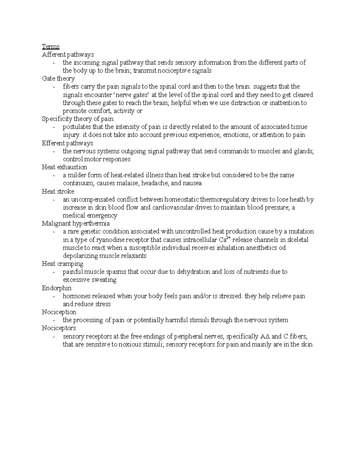 Pain Patho Terms - Terms Afferent pathways - the incoming signal ...