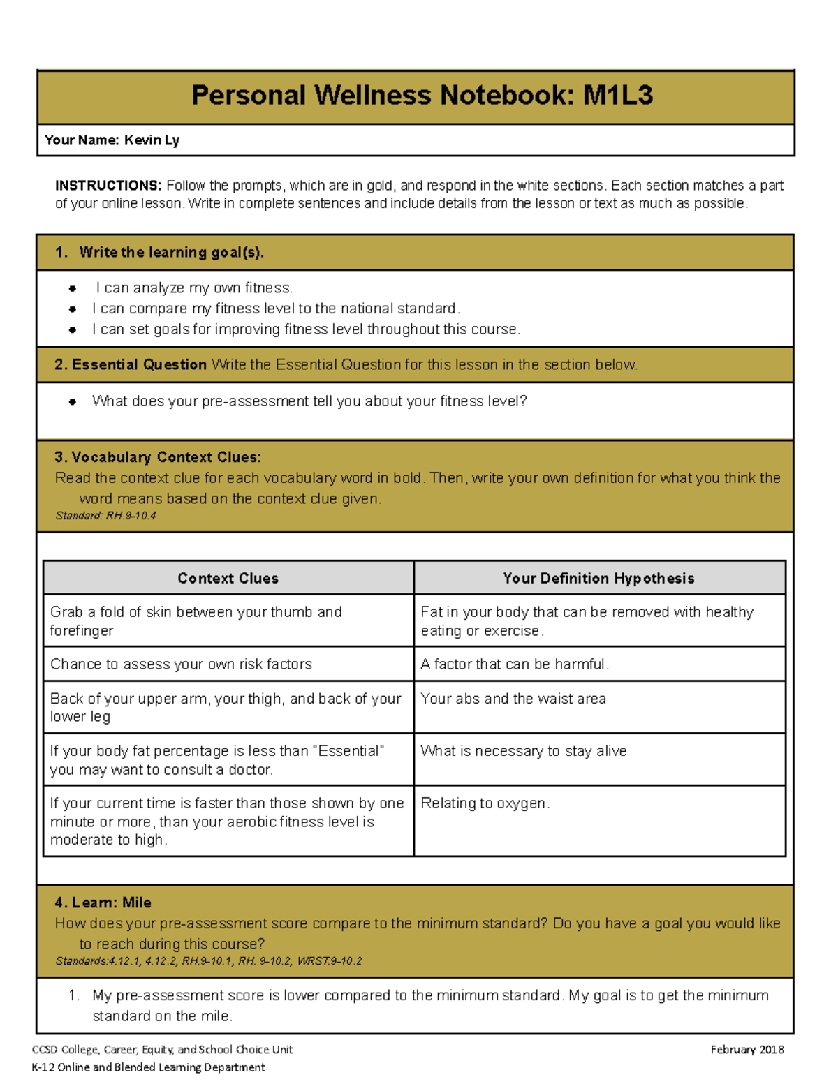 Health Personal Wellness Notebook M1L3 - Personal Wellness Notebook ...