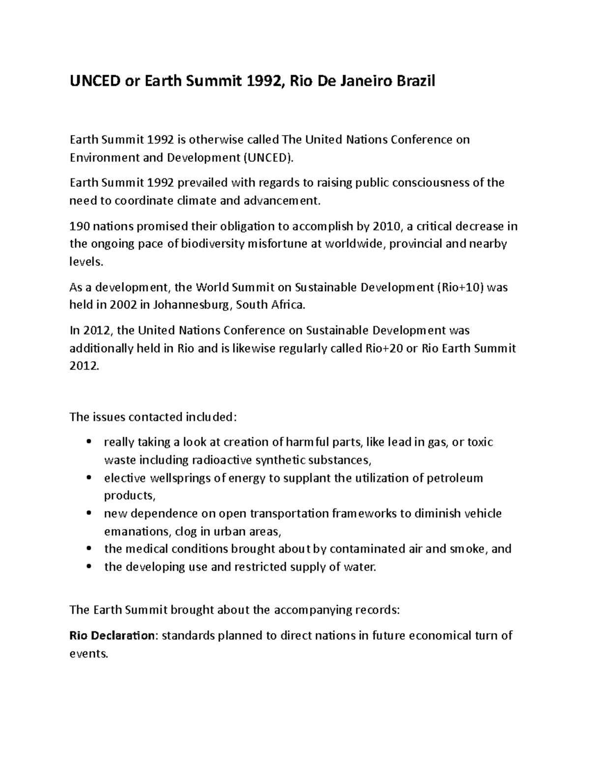 Document (57) - It is from my lecture note - UNCED or Earth Summit 1992 ...