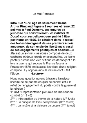 Lecture linéaire Sensation - Oral de Français Sensations-Rimbaud Intro ...