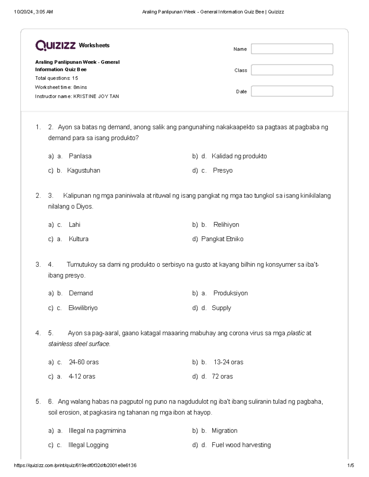 Araling Panlipunan Week - General Information Quiz Bee Quizizz - Worksheets Araling Panlipunan ...