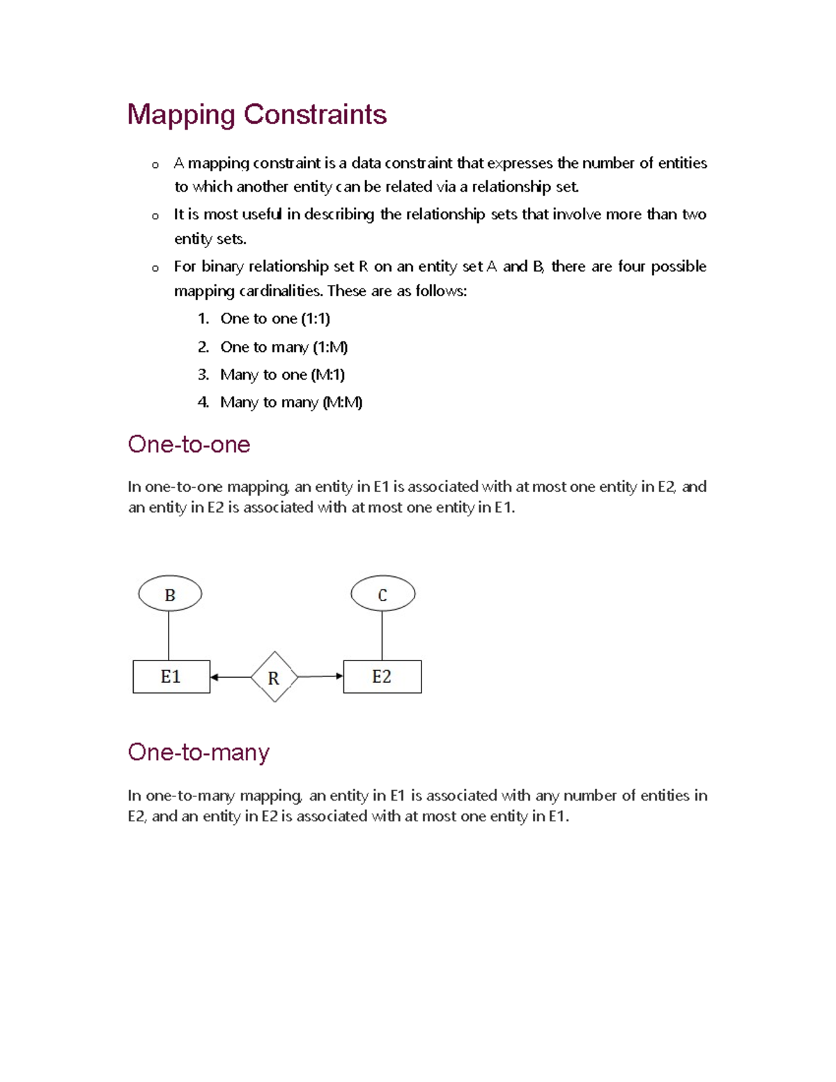 ER MODELS AND DIAGRAM - Mapping Constraints o A mapping constraint is a data constraint that ...